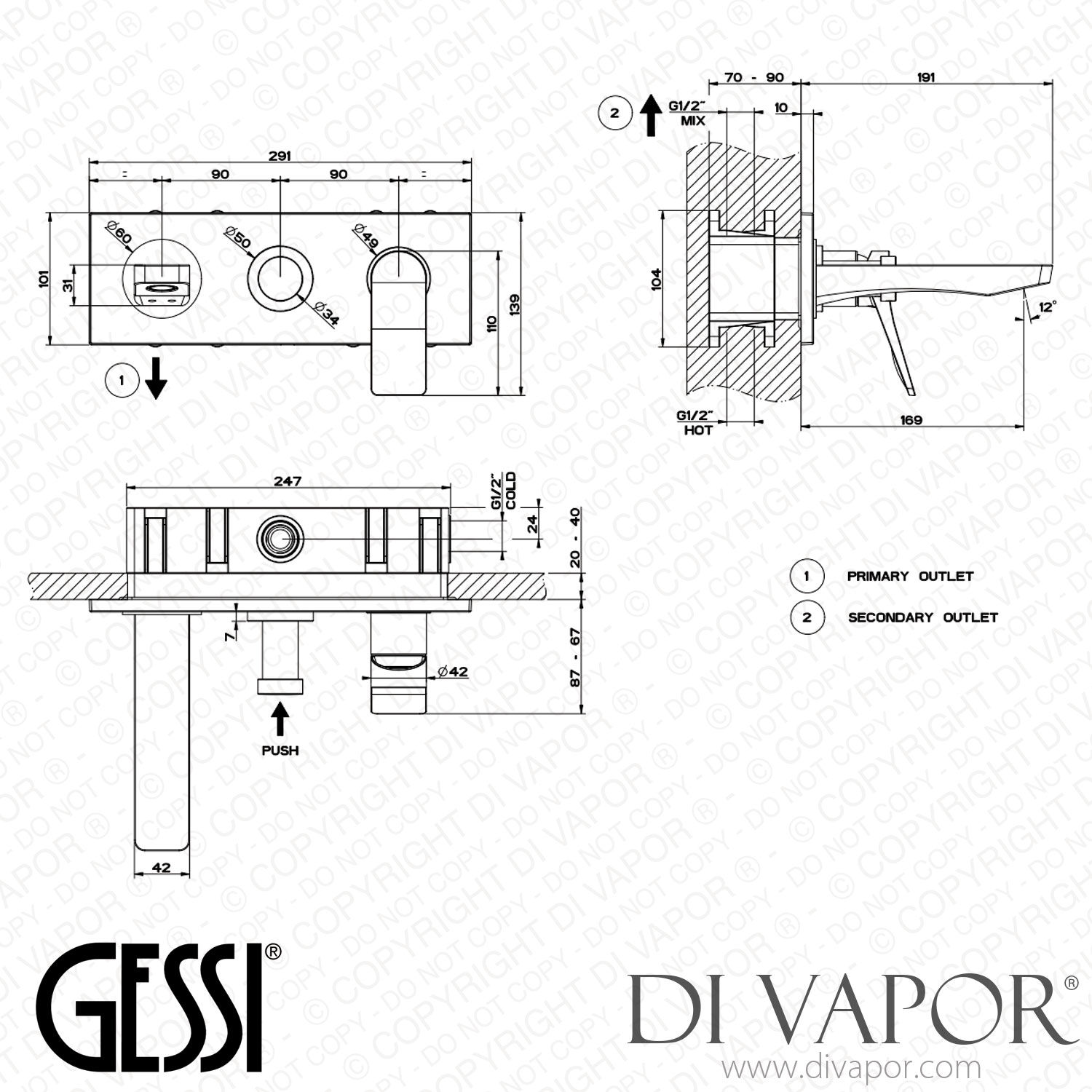 Gessi External Parts For Two-way Built-in Shower Mixer With Tub-filler ...