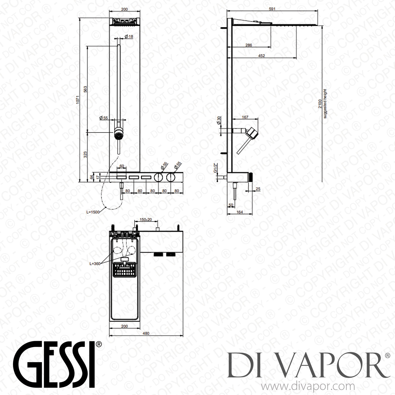 Gessi Wall-mounted Thermostatic Mixer For Three Functions, With Push ...