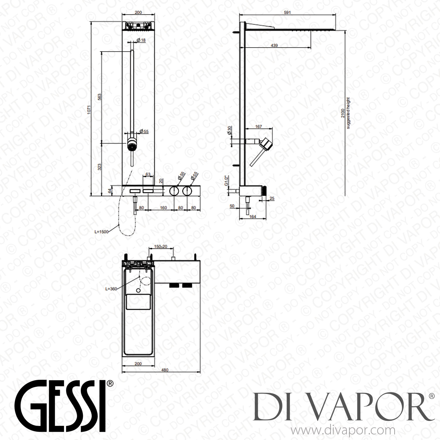 Gessi Wall-mounted Thermostatic Mixer For Two Functions, With Push ...