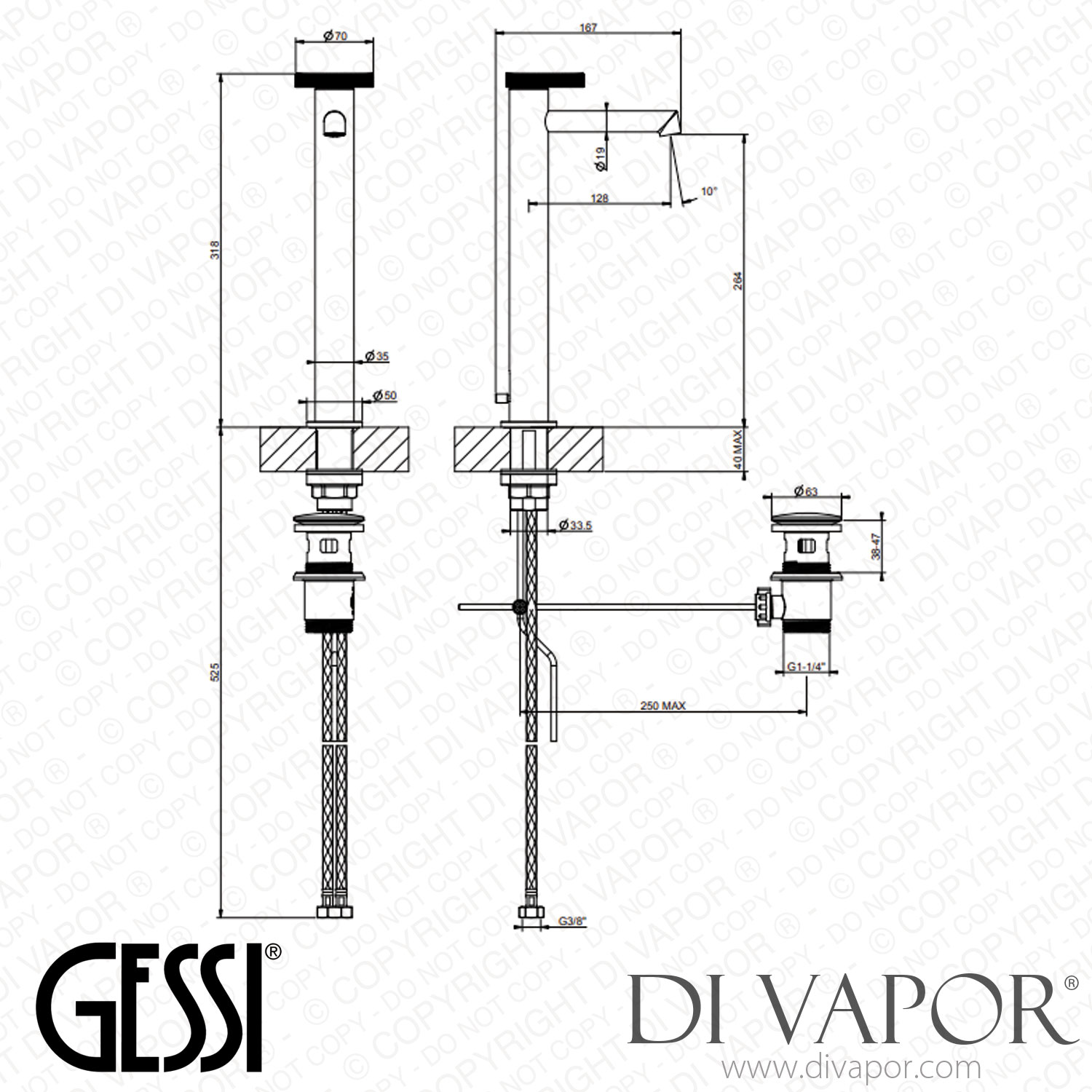 "Gessi Basin Mixer High, Short Spout, Flexible Connections, With Waste ...