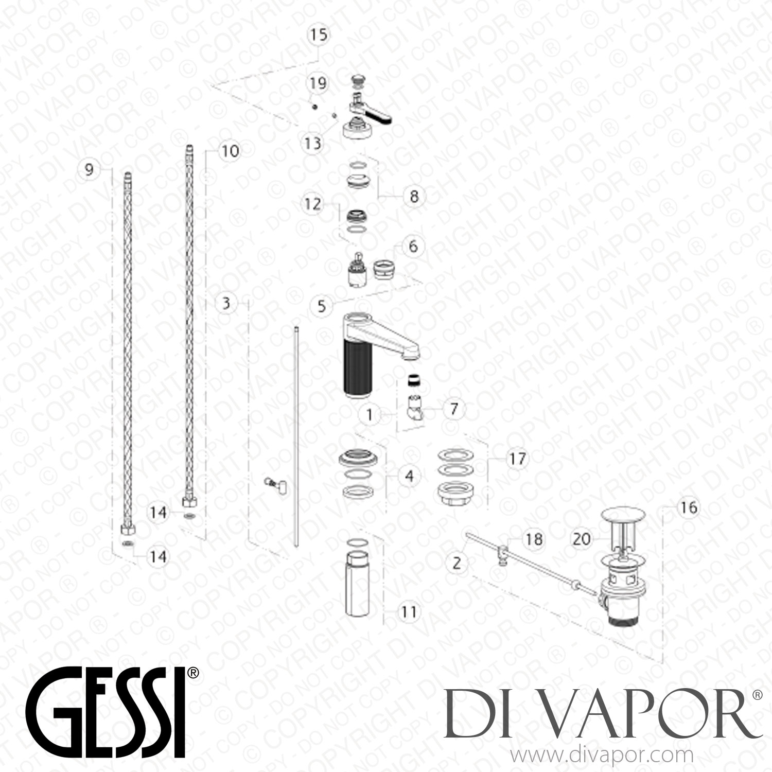 Gessi Basin Mixer, Flexible Connections, With Waste (Art. 65001) Spare ...