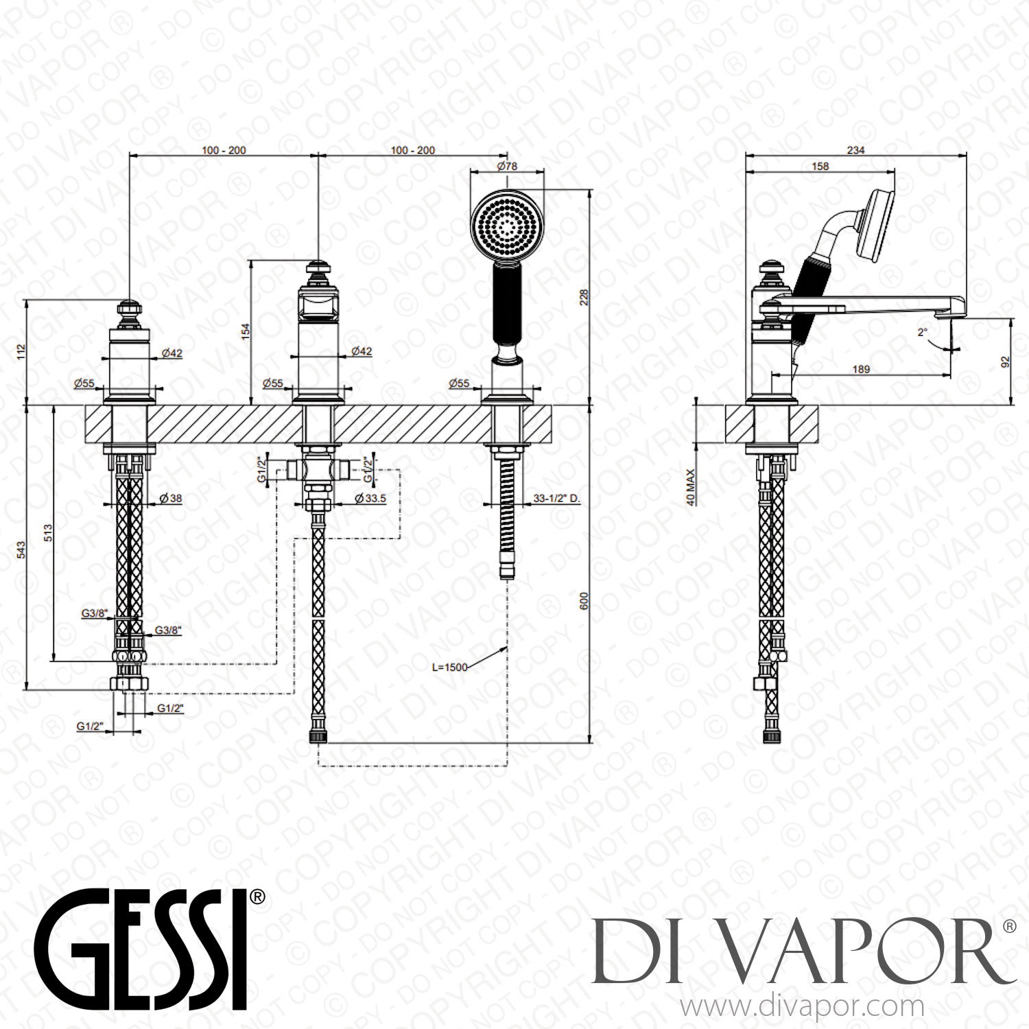 Gessi Three-hole Basin Mixer With Diverter, Spout, 1,50 M Flexible Hose ...