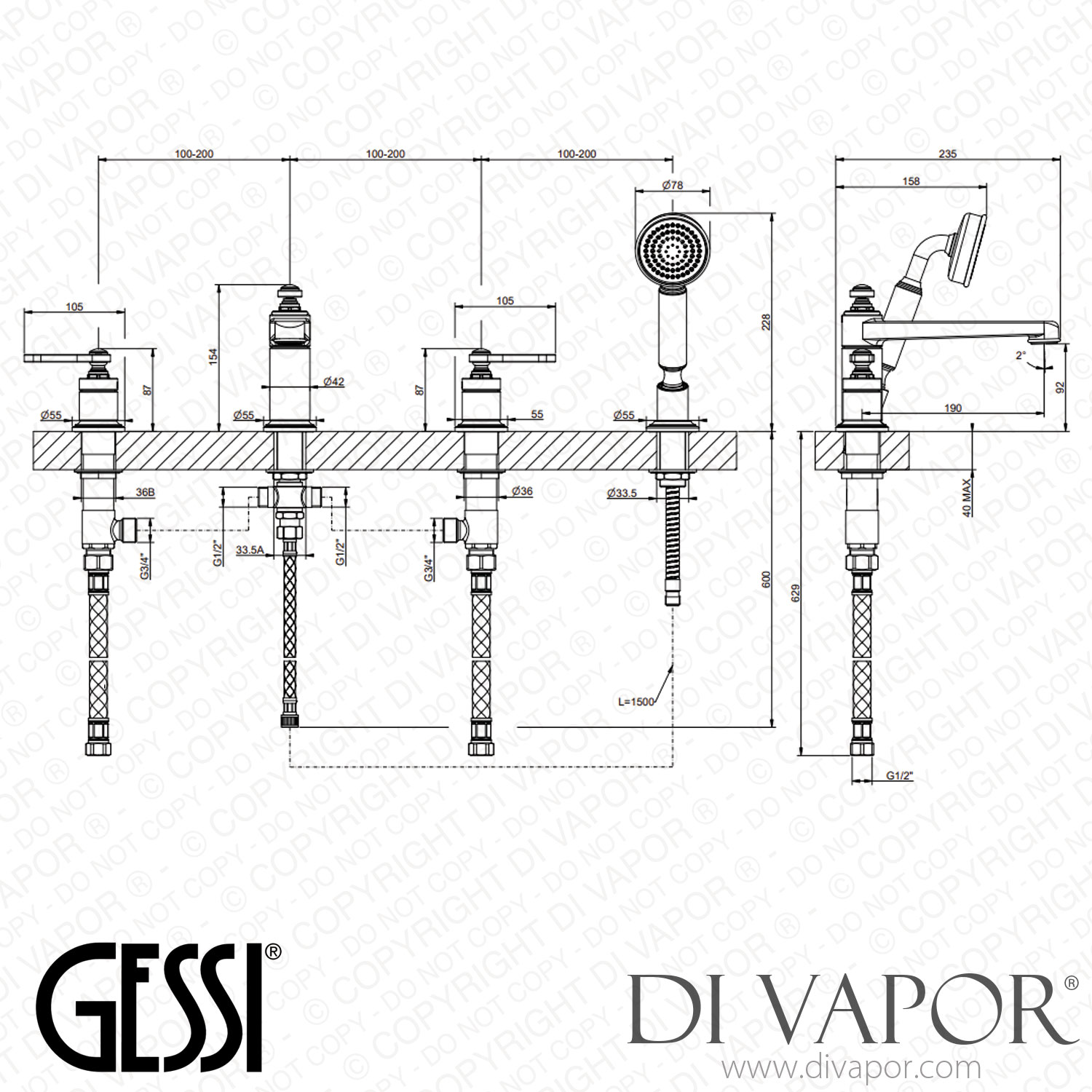 Gessi Four-holes Bath Mixer With Diverter, Tub-filler Spout, 1,50 M Flexible Hose, Antilimestone ...