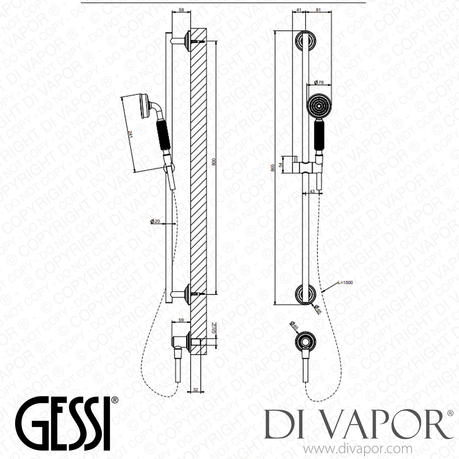 Gessi Sliding Rail With Antilimestone Handshower, 1,50 M Flexible Hose ...