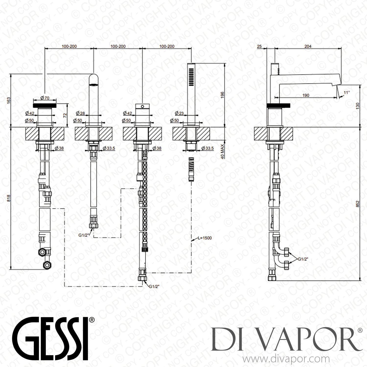 Gessi Four-holes Bath Mixer With Diverter, Tub-filler Spout And 1,50 M Flexible Hose And ...