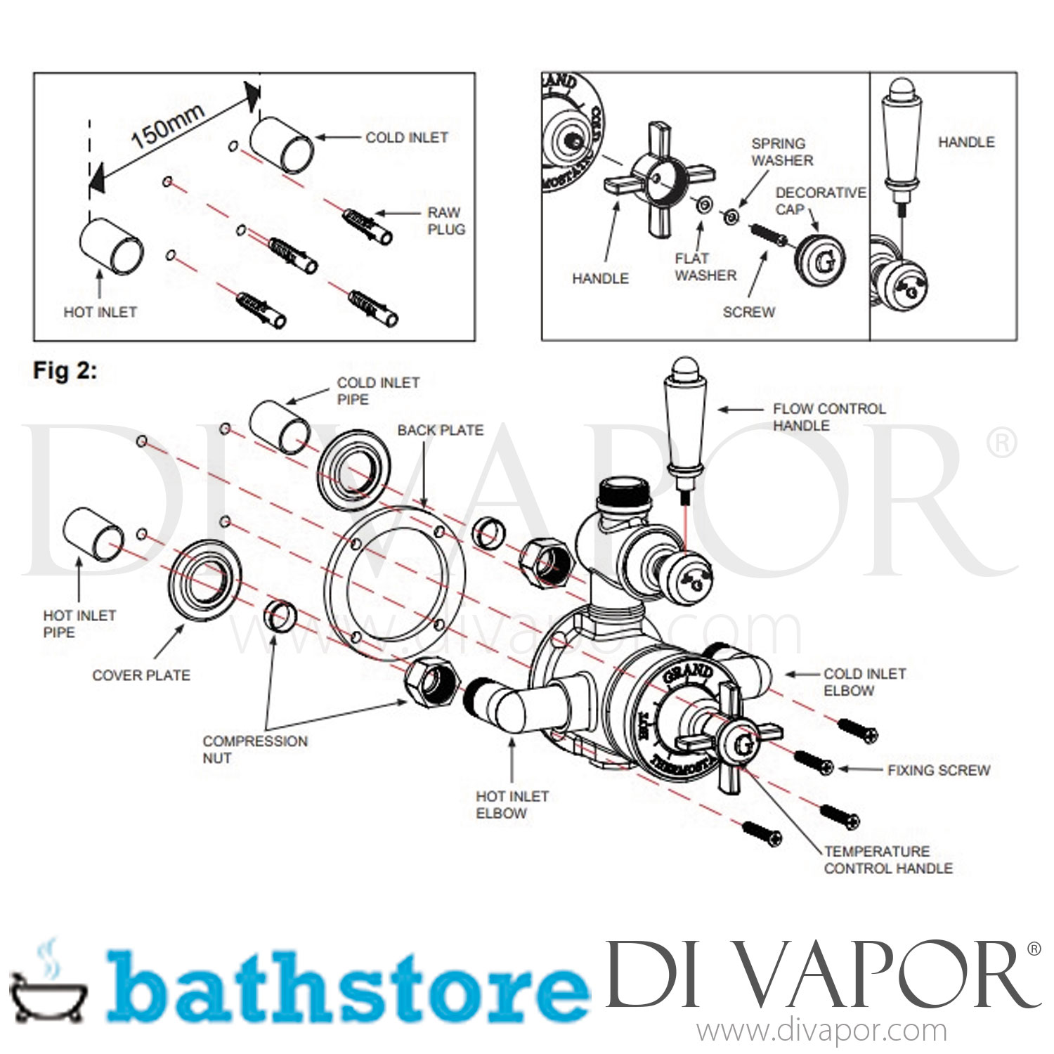 Bathstore Grand Chrome Exposed Thermostatic Shower Valve with Bath Filler Spare Parts - B DV 185