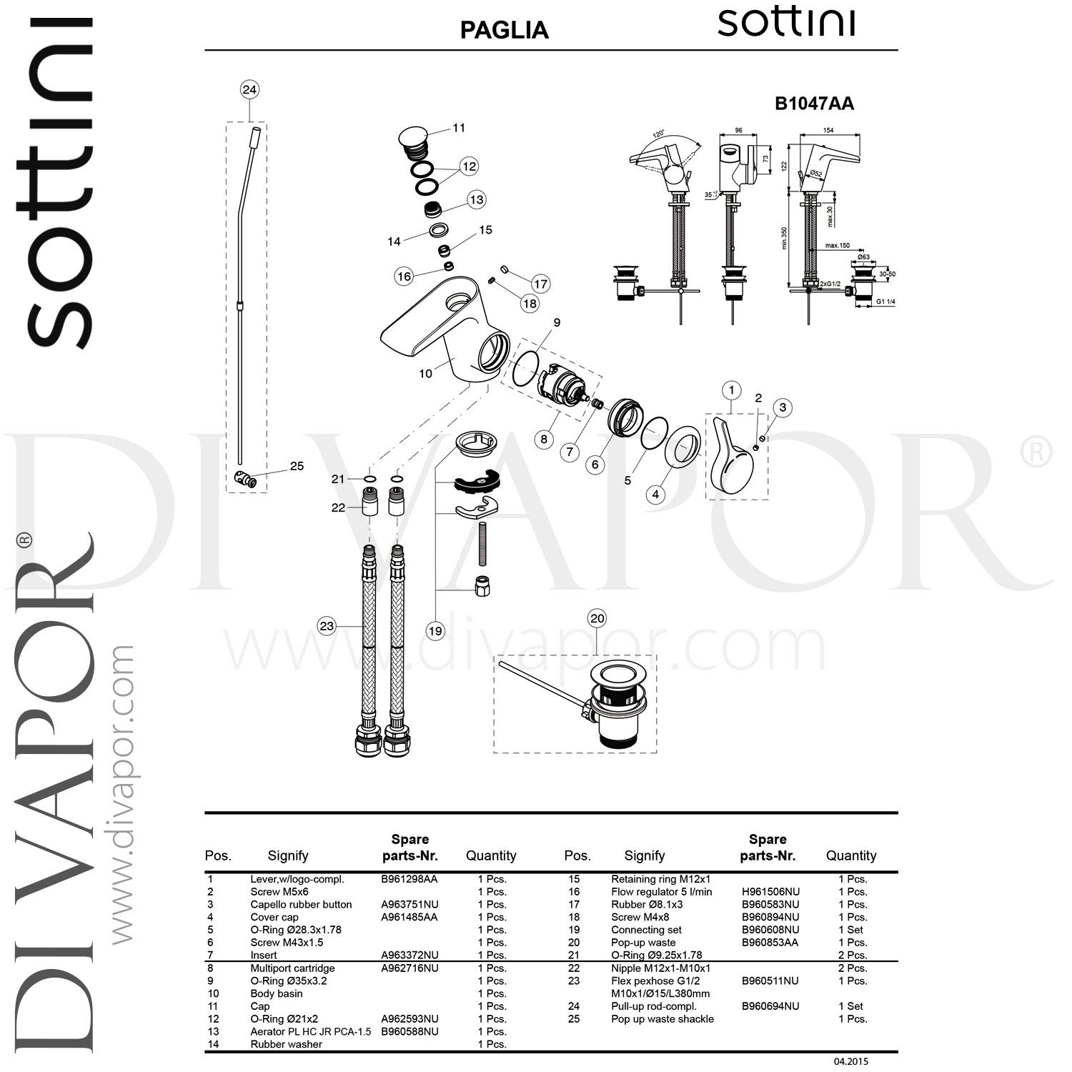 Sottini Paglia Waterfall Basin Mixer with Pop-Up Waste Spare Parts ...