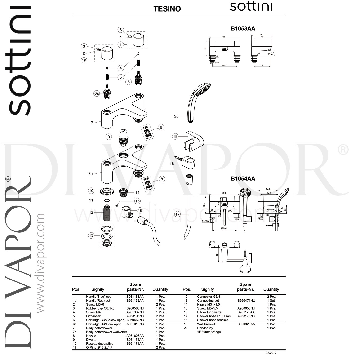 Sottini Tesino 2 Hole Bath Shower Mixer Spare Parts B1054AA GEN1