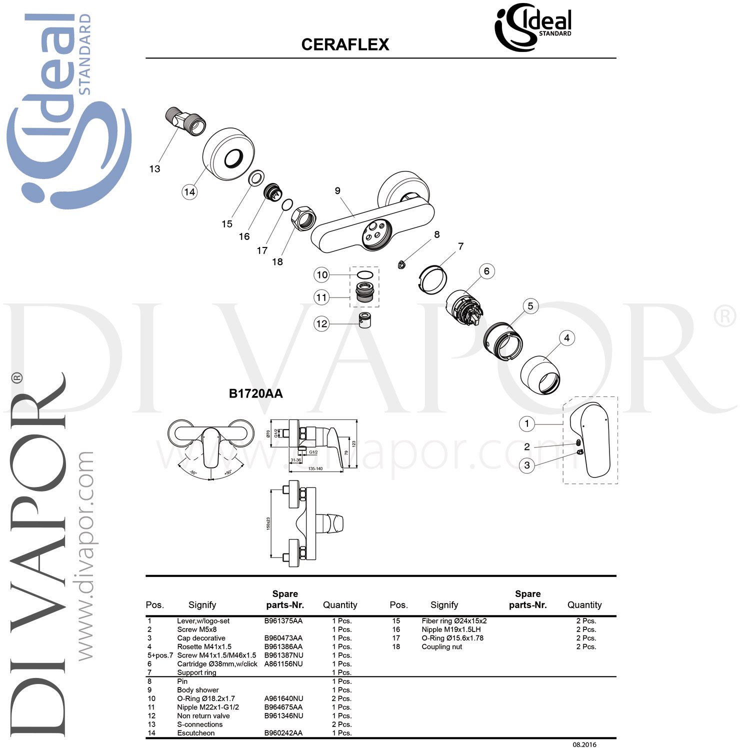 Ideal Standard B1720AA Ceraflex Wall Mounted Shower Mixer Spare Parts