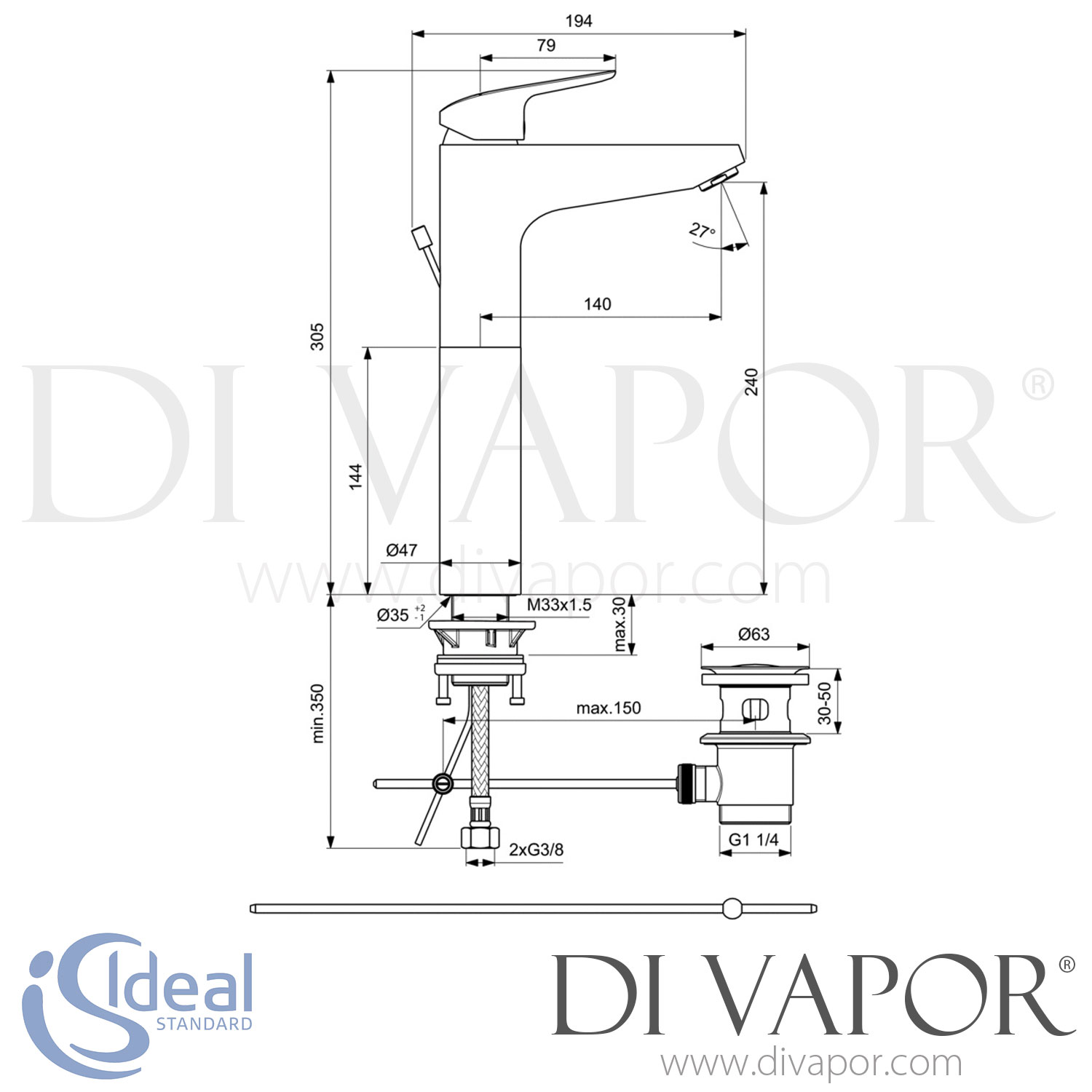 Ideal Standard B1872AA Ceraflex Vessel Basin Mixer with Pop-Up Waste ...