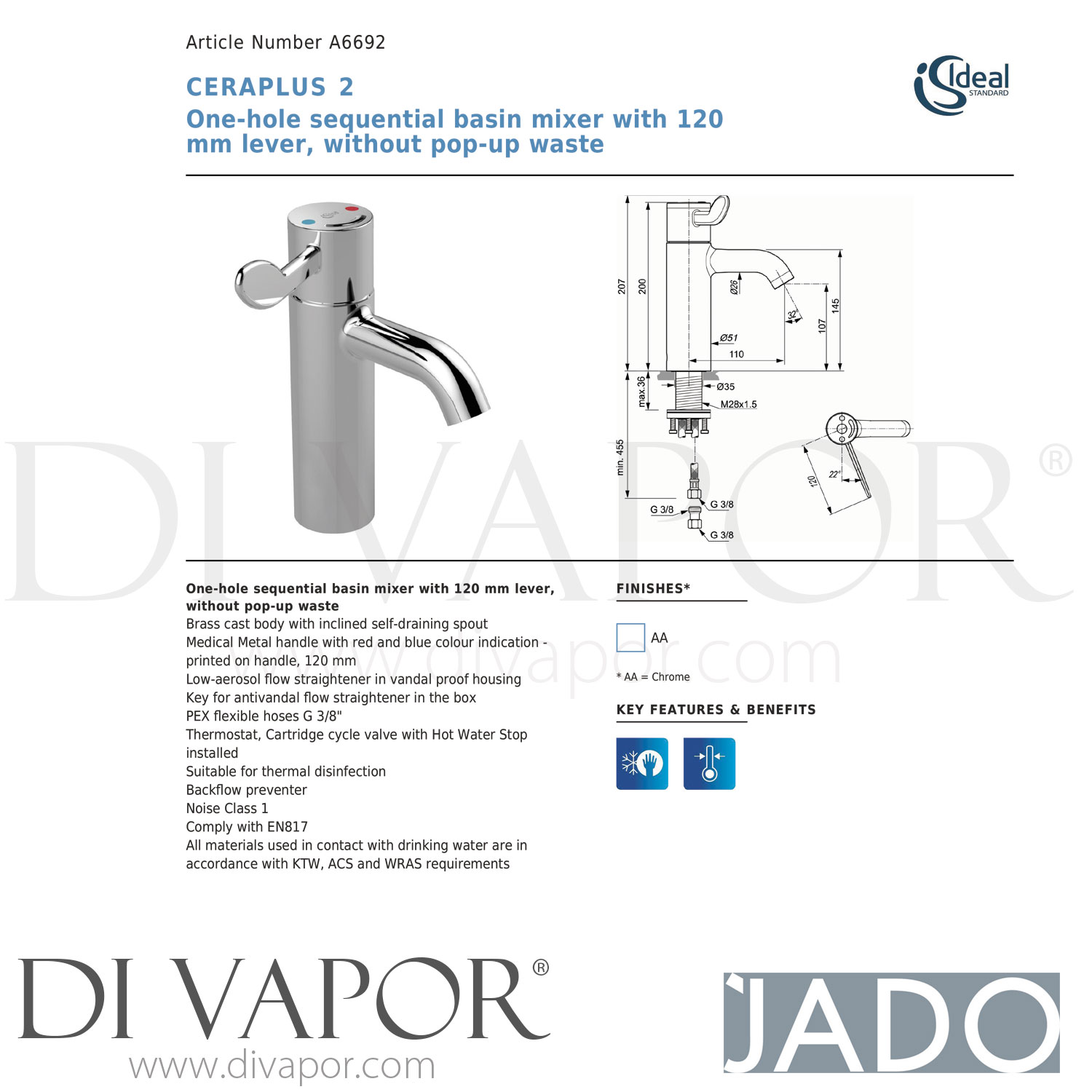 Jado B8218AA CeraPlus Basin Mixer Tap with Waste Spare Parts