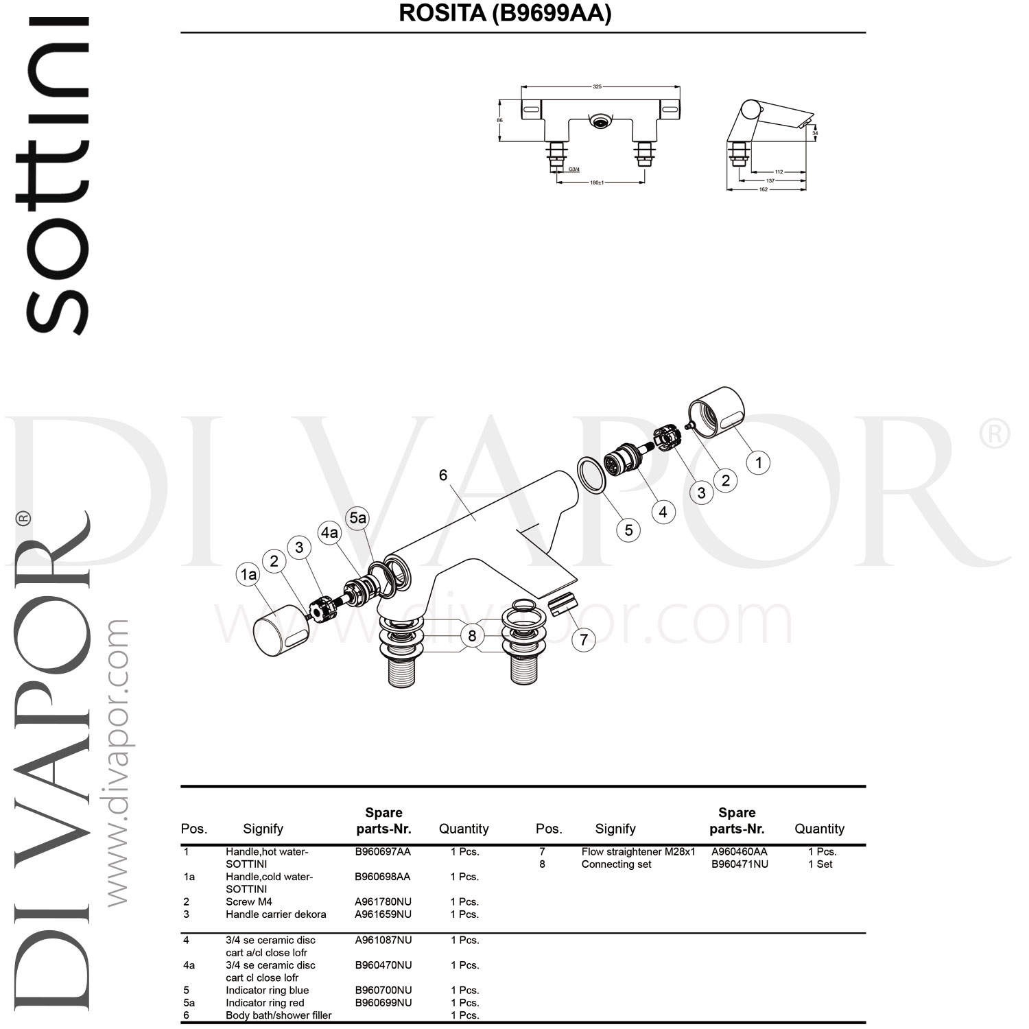 Sottini Rosita Chrome 2 Hole Bath Filler Dual Control Tap Spare Parts ...