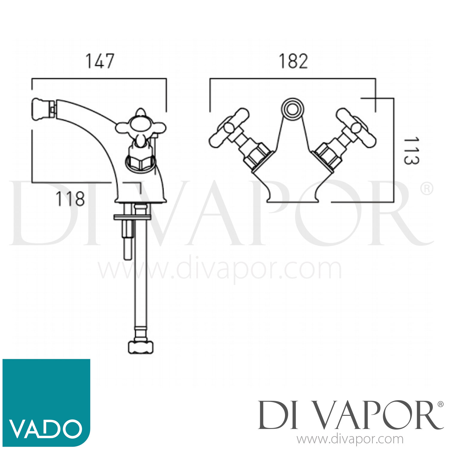 VADO BC-AXB-110-CP Axbridge Cross Handle Mono Bidet Mixer with Pop-Up ...