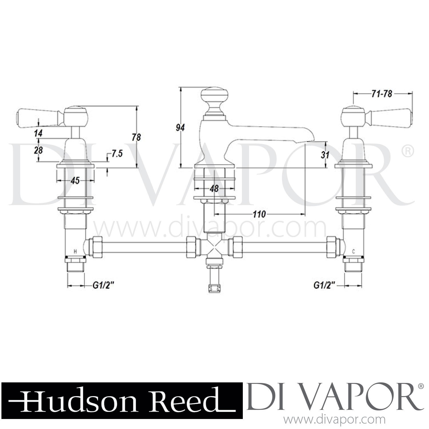 Hudson Reed Topaz lever 3 Tap Hole Basin Mixer Tap & Pop-Up Waste Spare ...