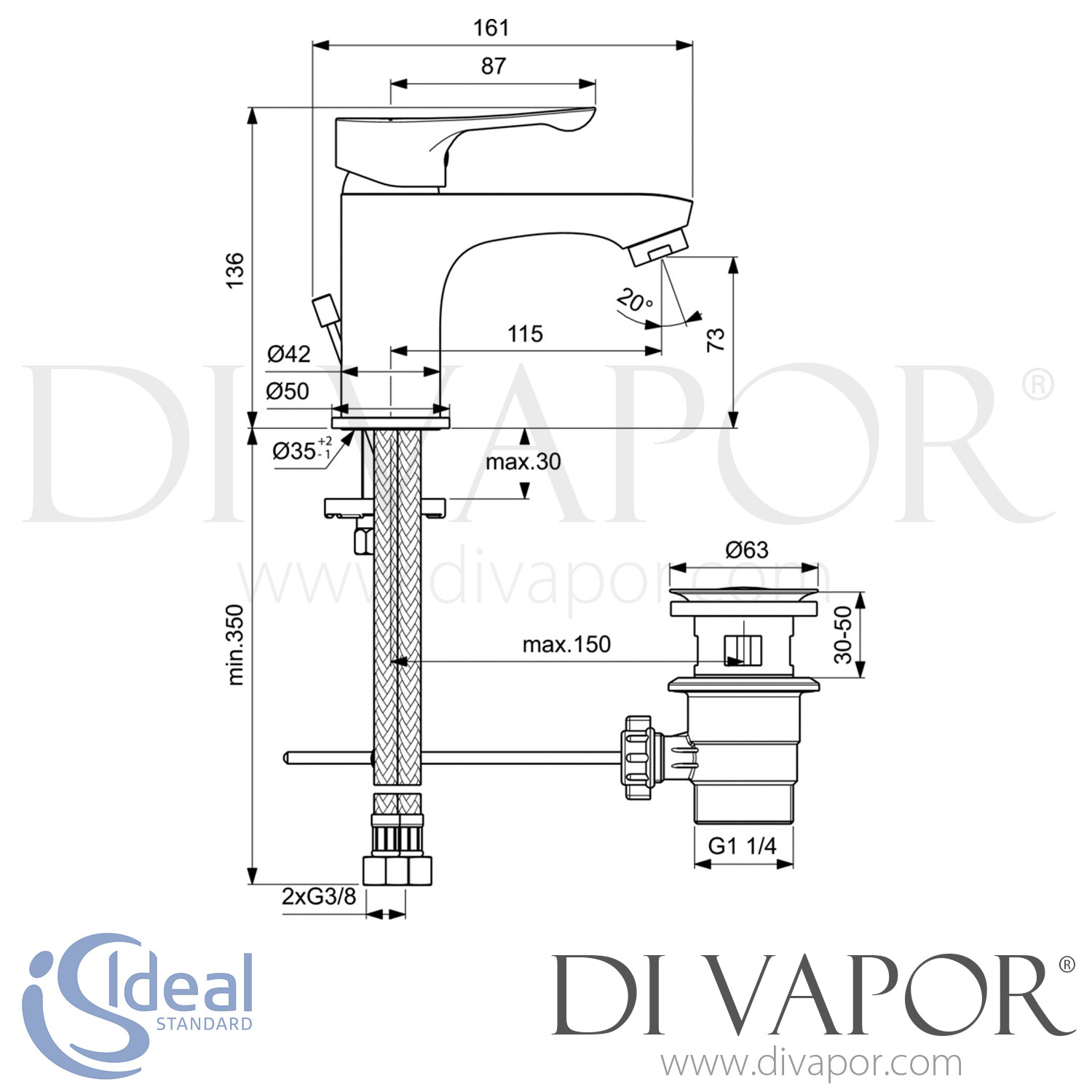 Ideal Standard BC486AA Alpha One Hole Basin Mixer Tap with Plastic Pop ...