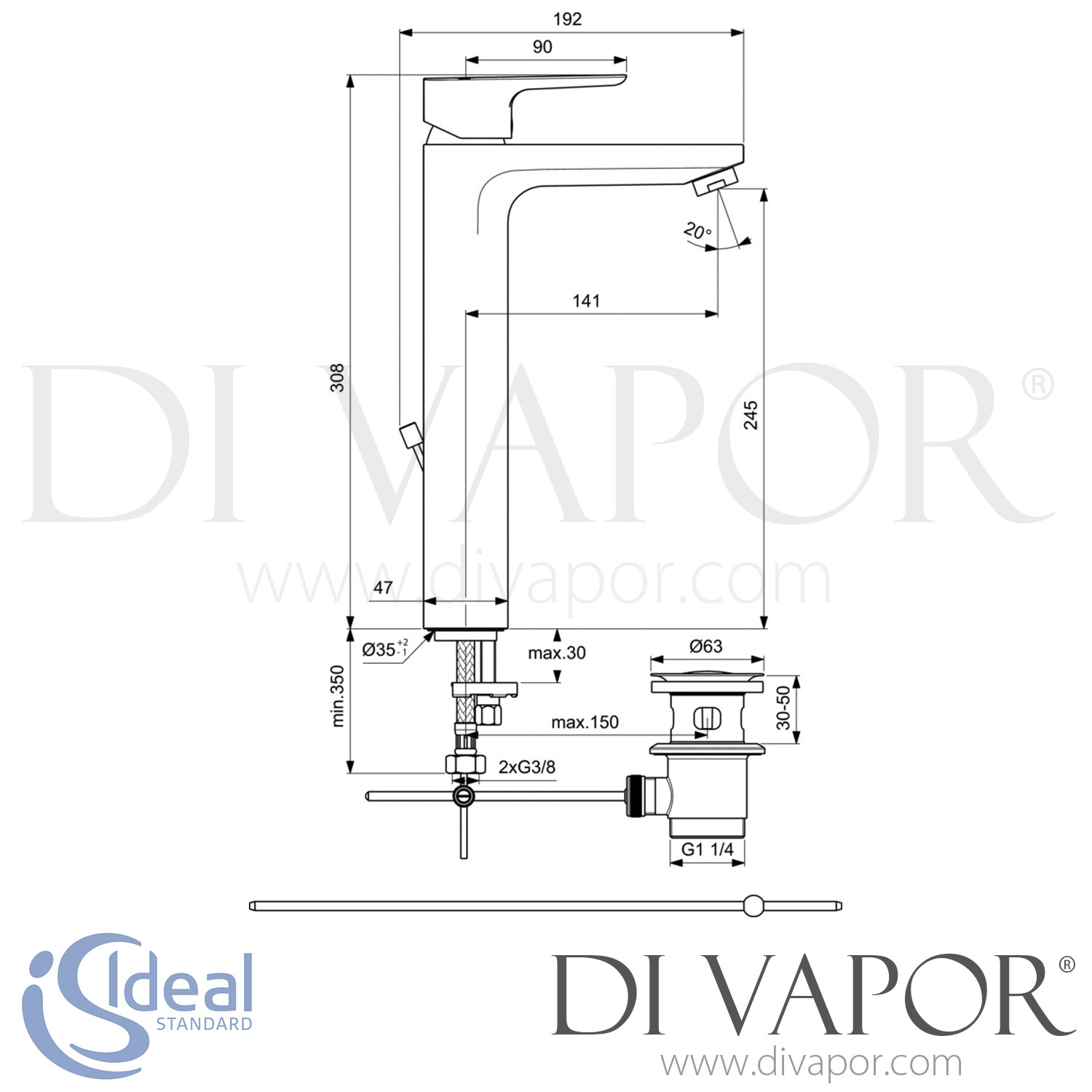 Ideal Standard BC561AA Ceraplan III One Hole Basin Mixer H250 with ...