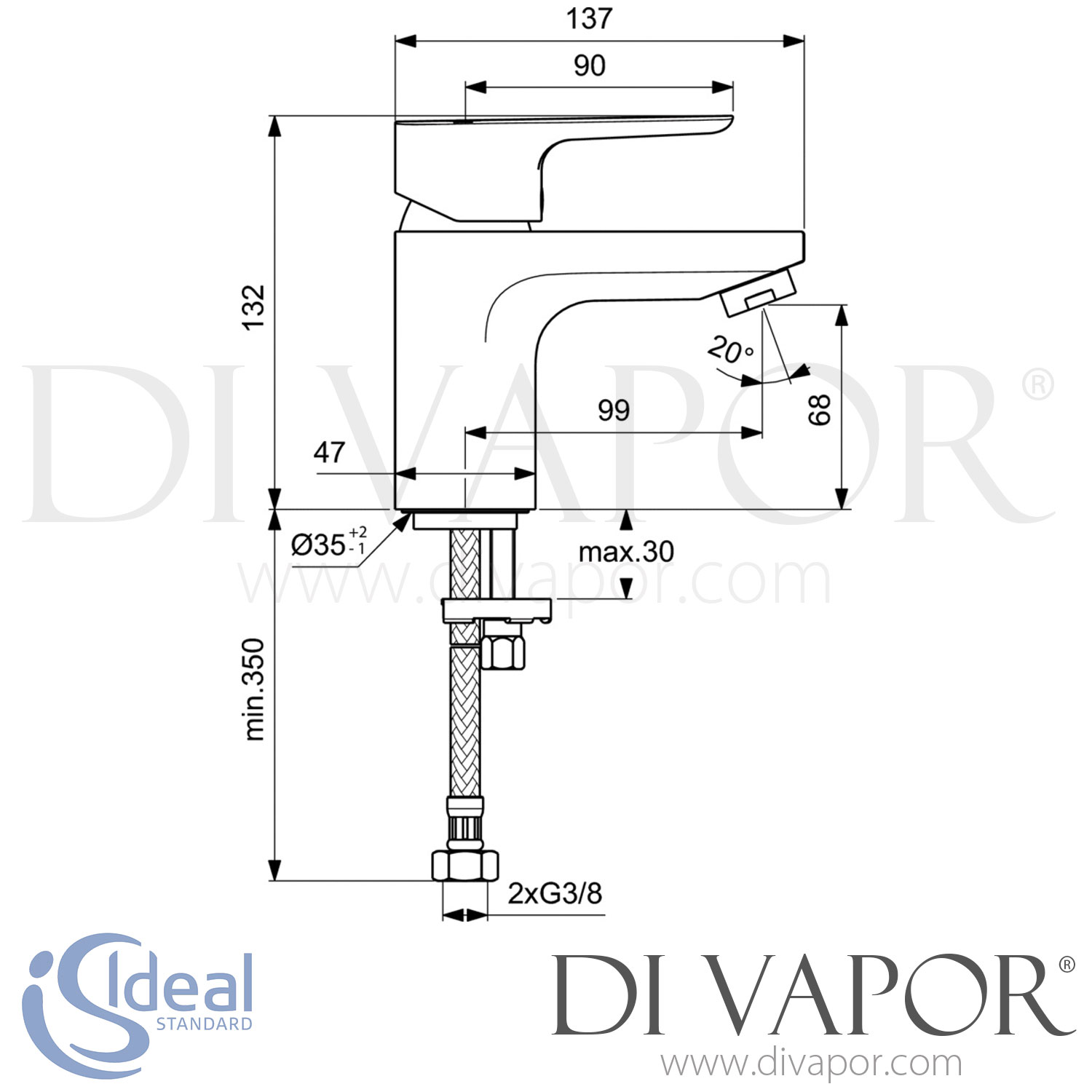 Ideal Standard BC563AA Ceraplan III One Hole Basin Mixer H70 No Waste ...