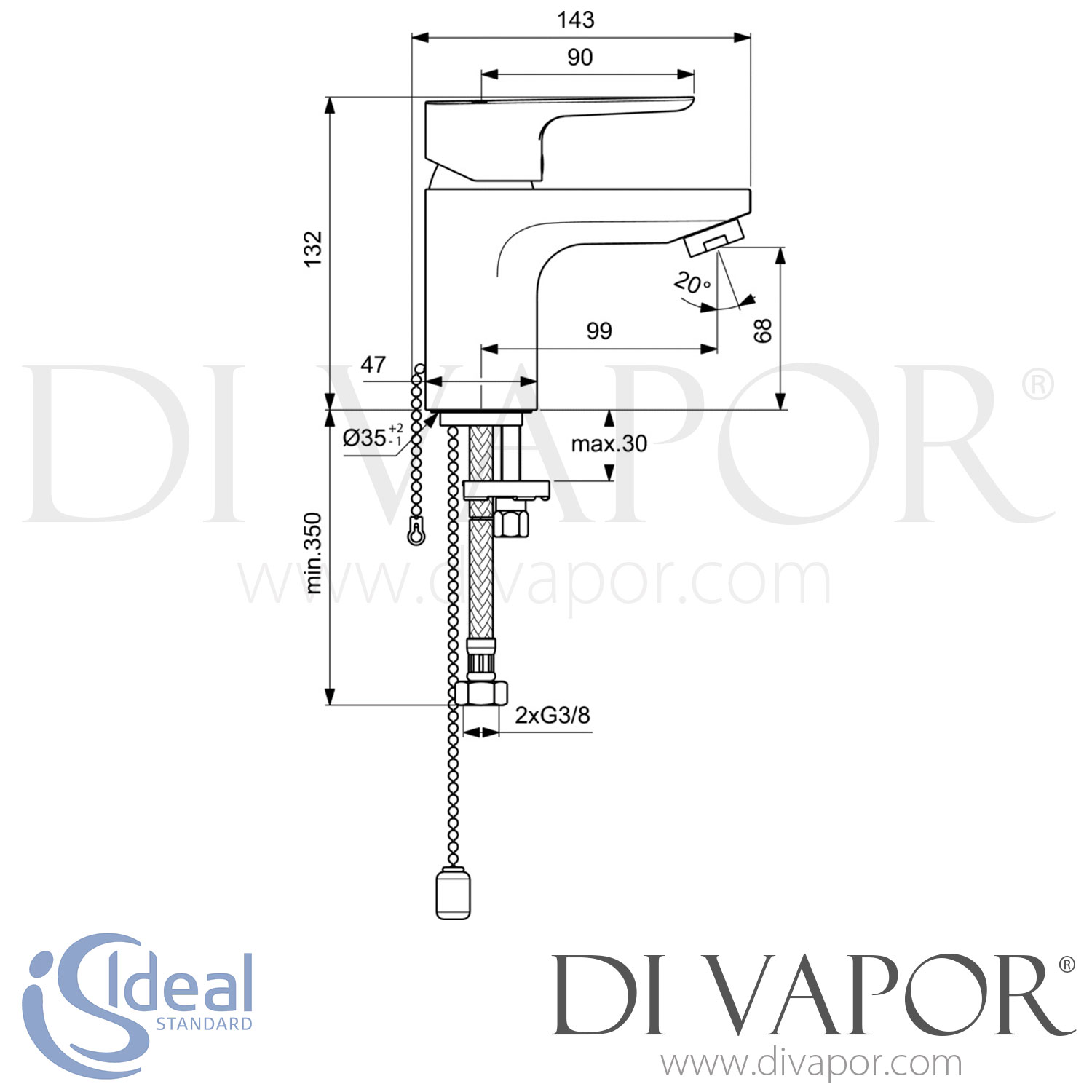 Ideal Standard BC564AA Ceraplan III One Hole Basin Mixer H70 with Chain ...