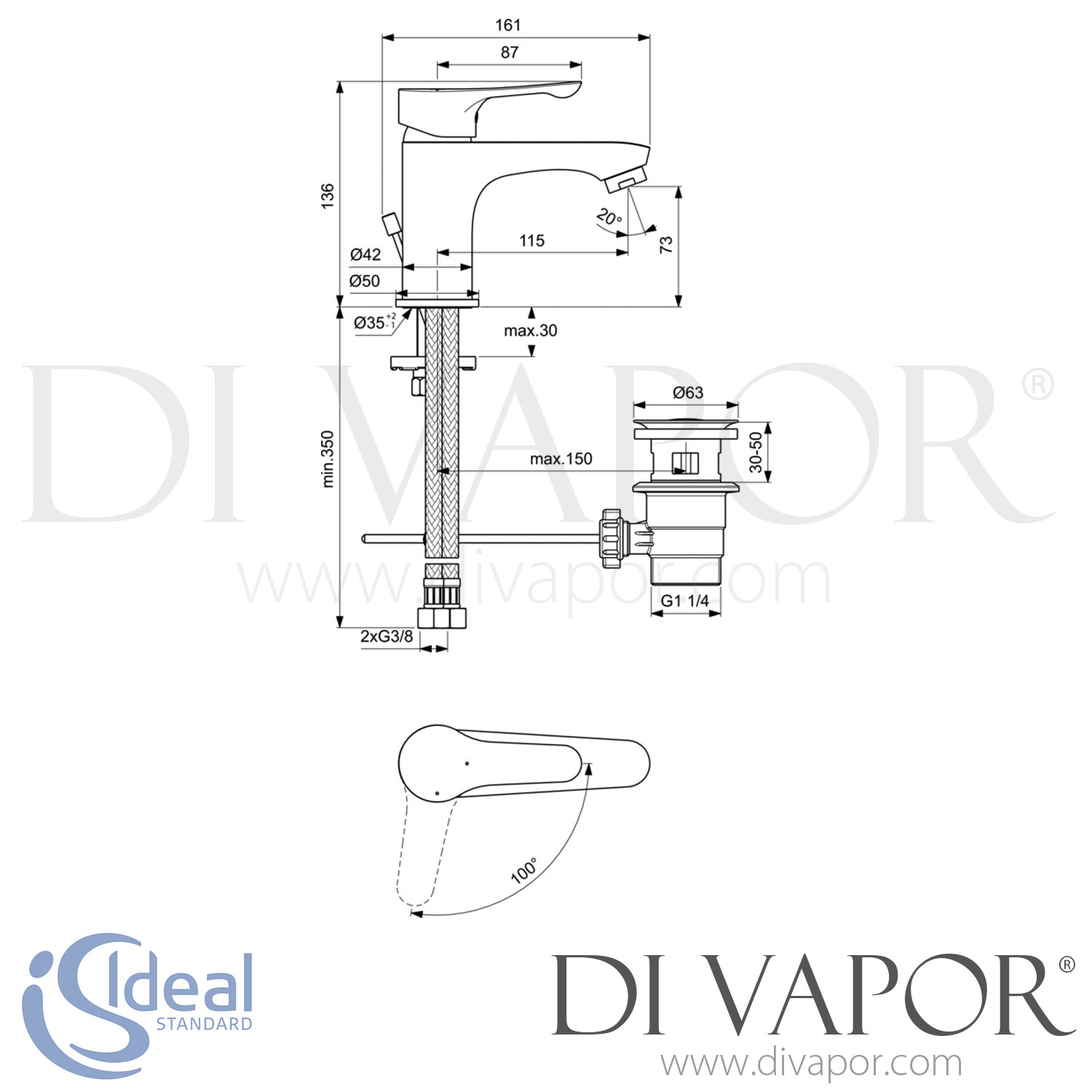 Ideal Standard BC646AA Alpha Basin Mixer Bluestart with Plastic Pop-Up ...
