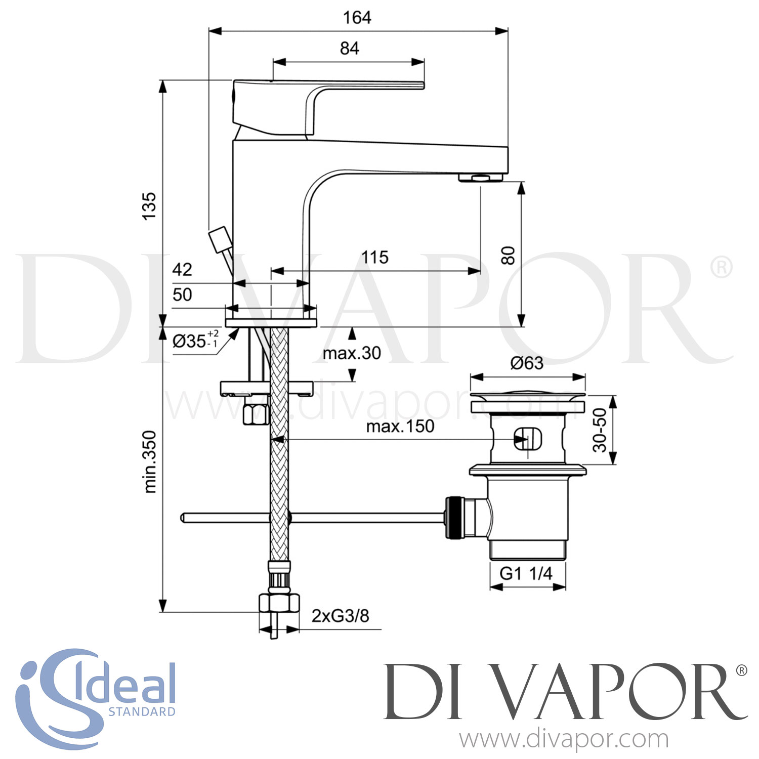 Ideal Standard BC685AA Cerafine D One Hole Basin Mixer H80 with Metal ...