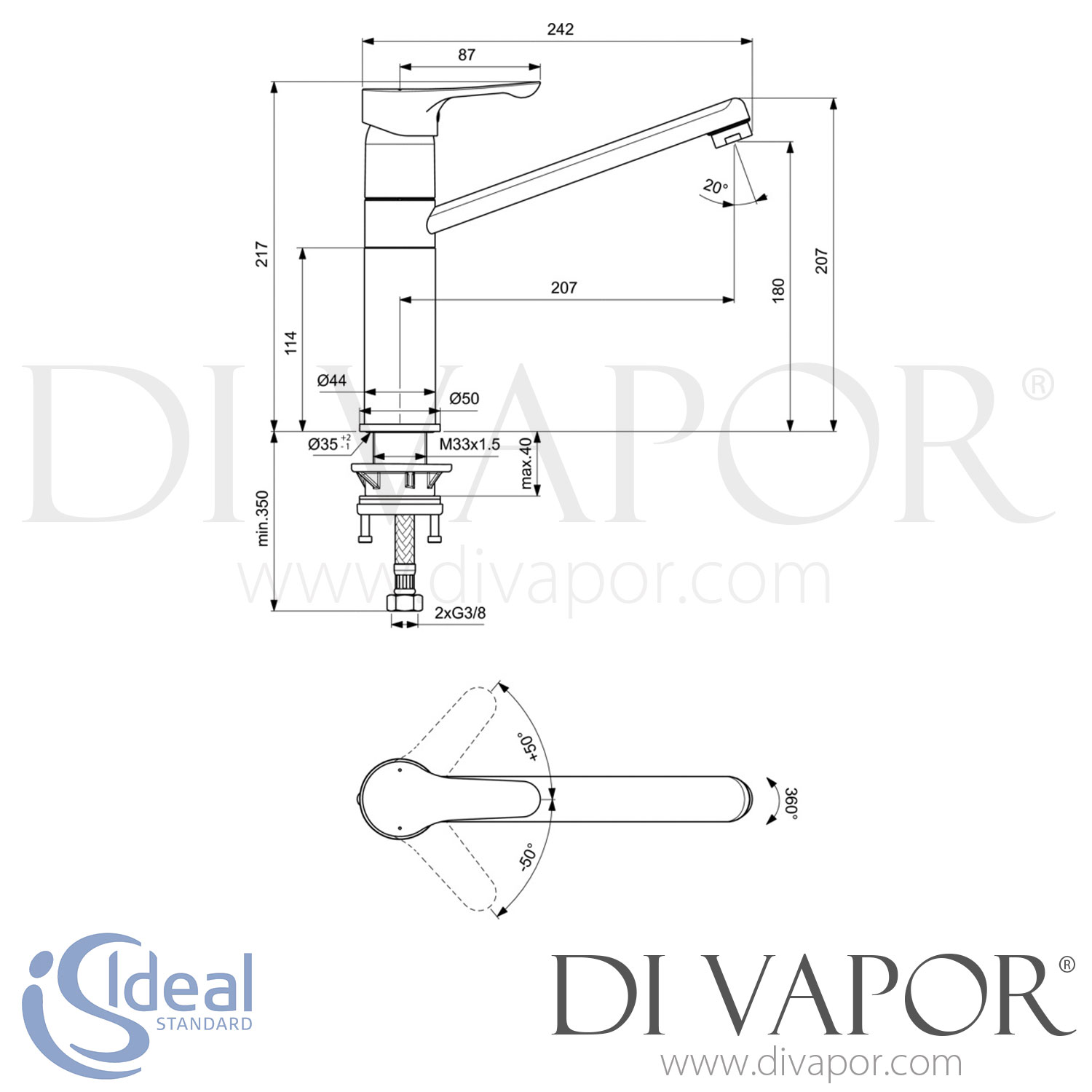 Ideal Standard BC813AA Alpha Chrome Kitchen Mixer with High Tubular ...