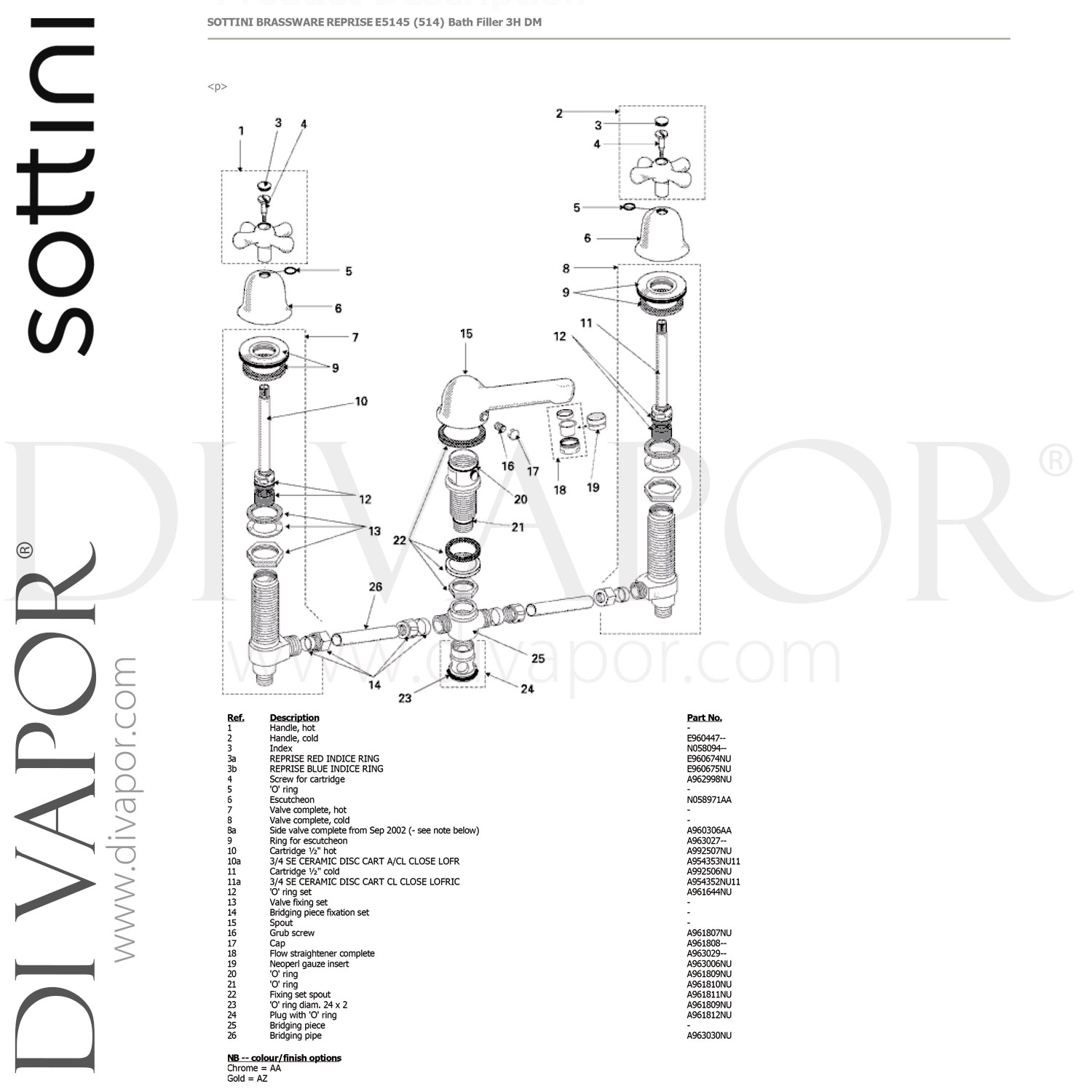 Sottini E5145AA Reprise Dual Control Three Taphole Bath Filler Spare Parts