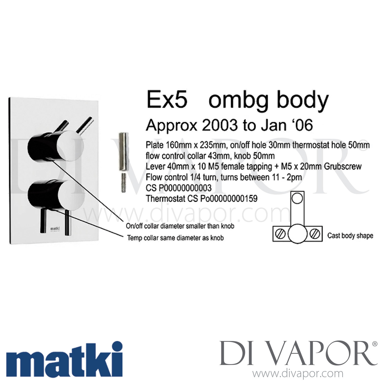 Matki EX5 (OMBG) Elixir Thermostatic Shower Valve Jan 03-Jan 06 Spare Parts