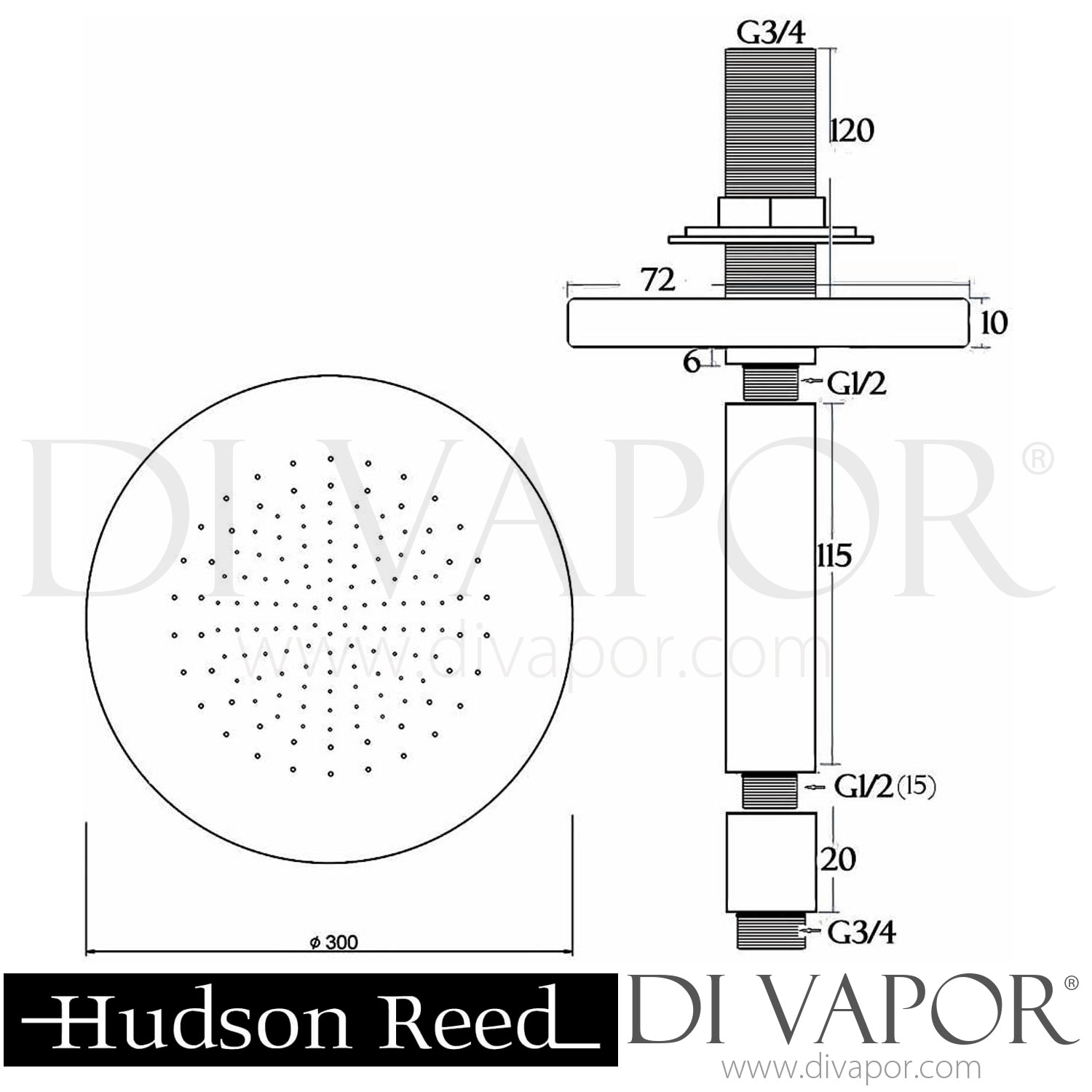 Hudson Reed FH311 Round Sheer Fixed Head & Ceiling Arm (300mm) Shower ...