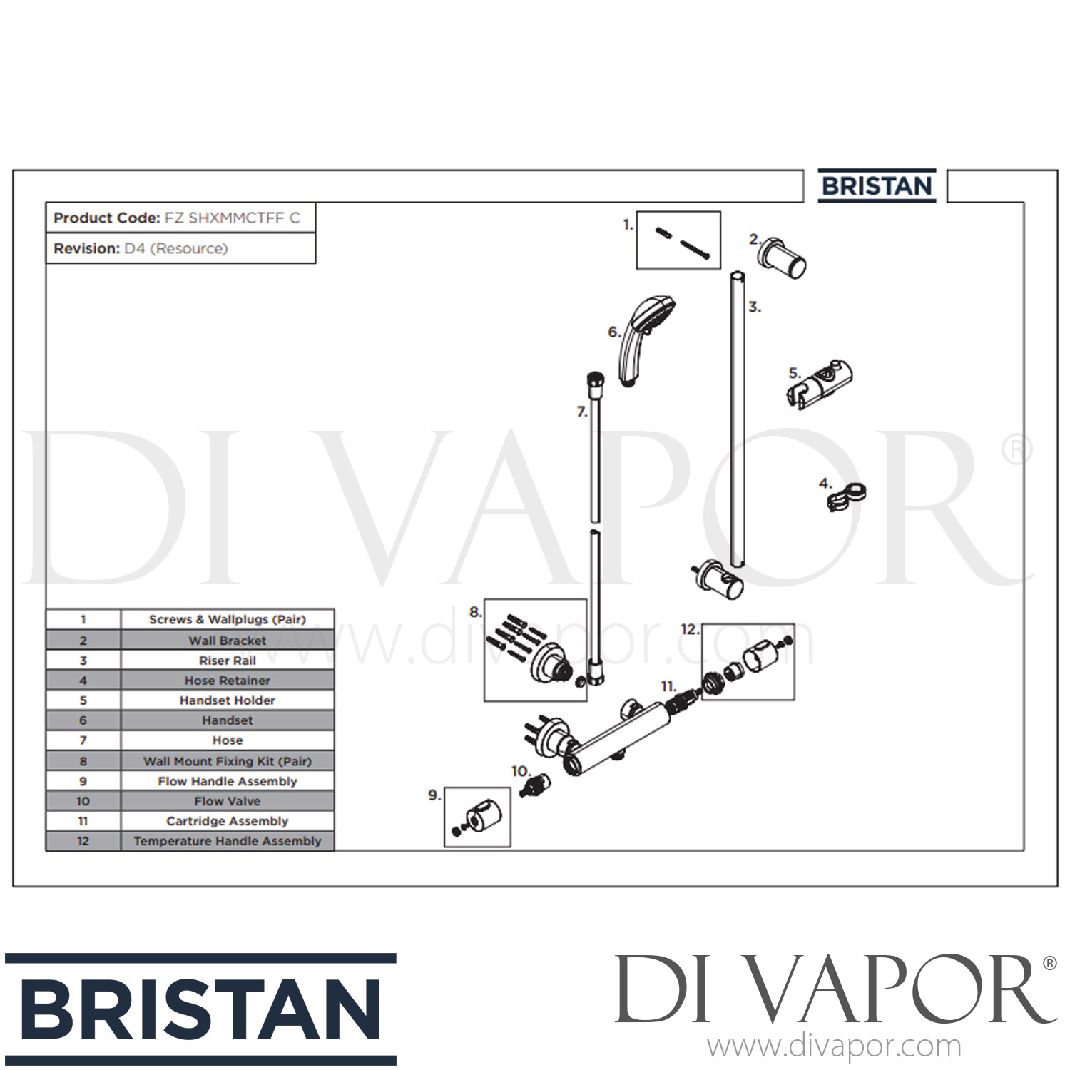 Bristan FZ SHXMMCTFF C Frenzy Thermostatic Bar Shower with Multi Function Handset Spare Parts