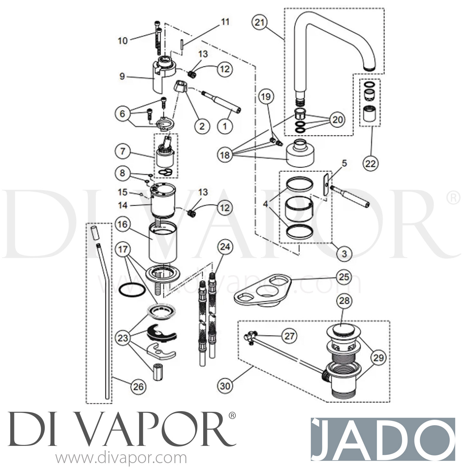 Jado IQ Single Lever One Taphole Basin Mixer w/ Swivel Spout & Pop-Up ...