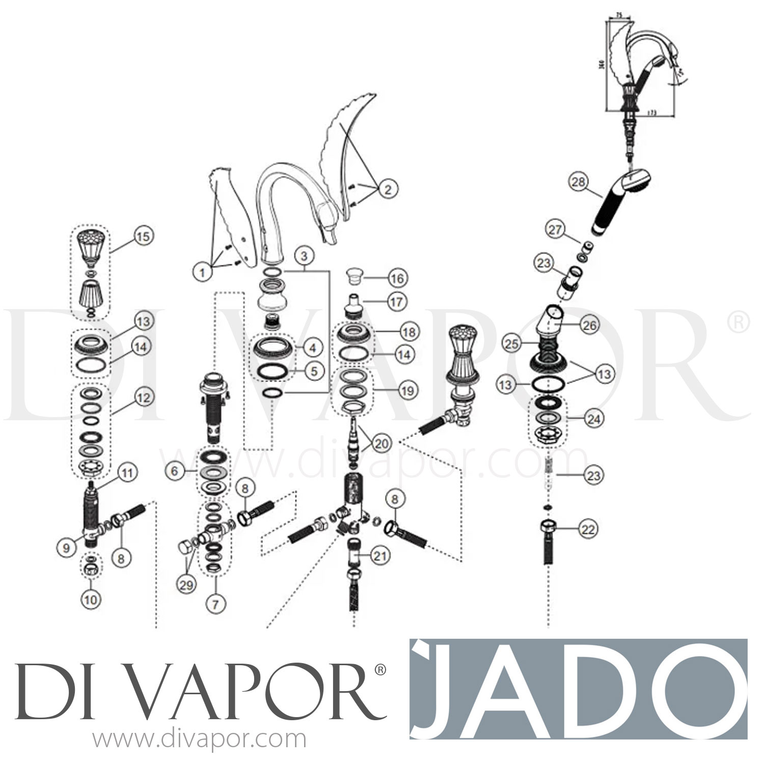 Jado H3981A4 Perl Crist/Swan 5-H Roman Tub Set Go Spare Parts
