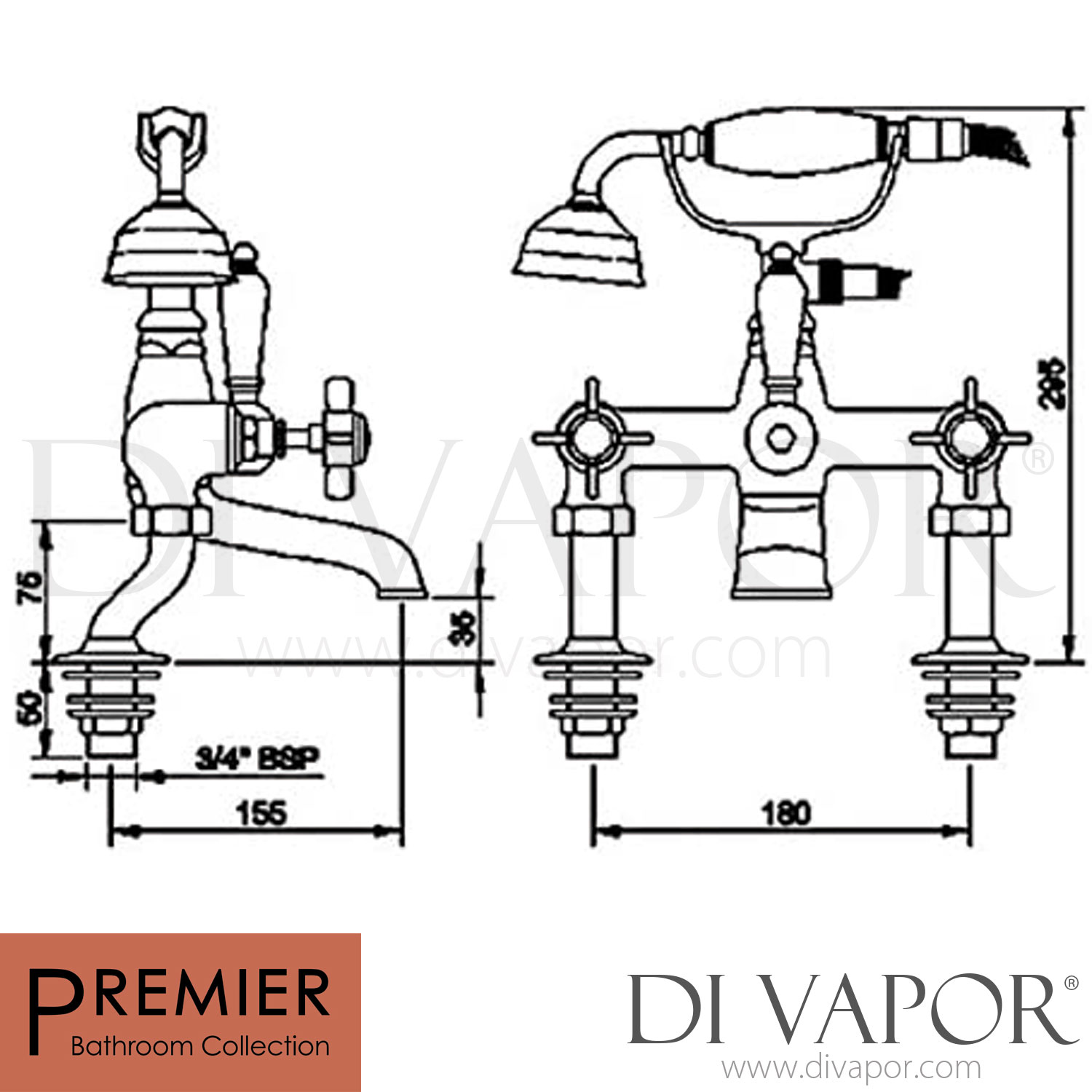 Premier / Nuie IJ329 Traditional Deck Mounted Cranked Bath Shower Mixer ...