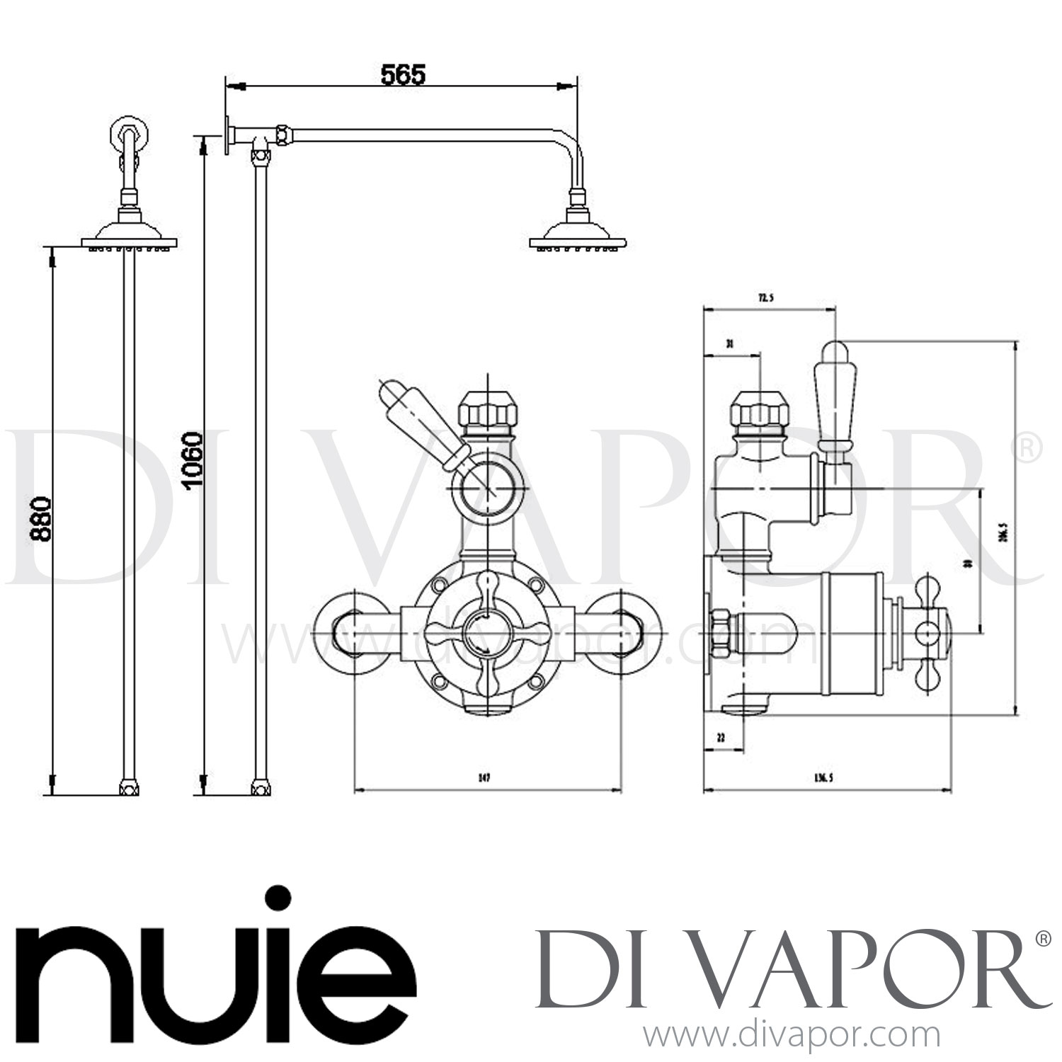 Nuie ITY313-A3600 Traditional Twin Shower Valve with Rigid Riser Kit ...