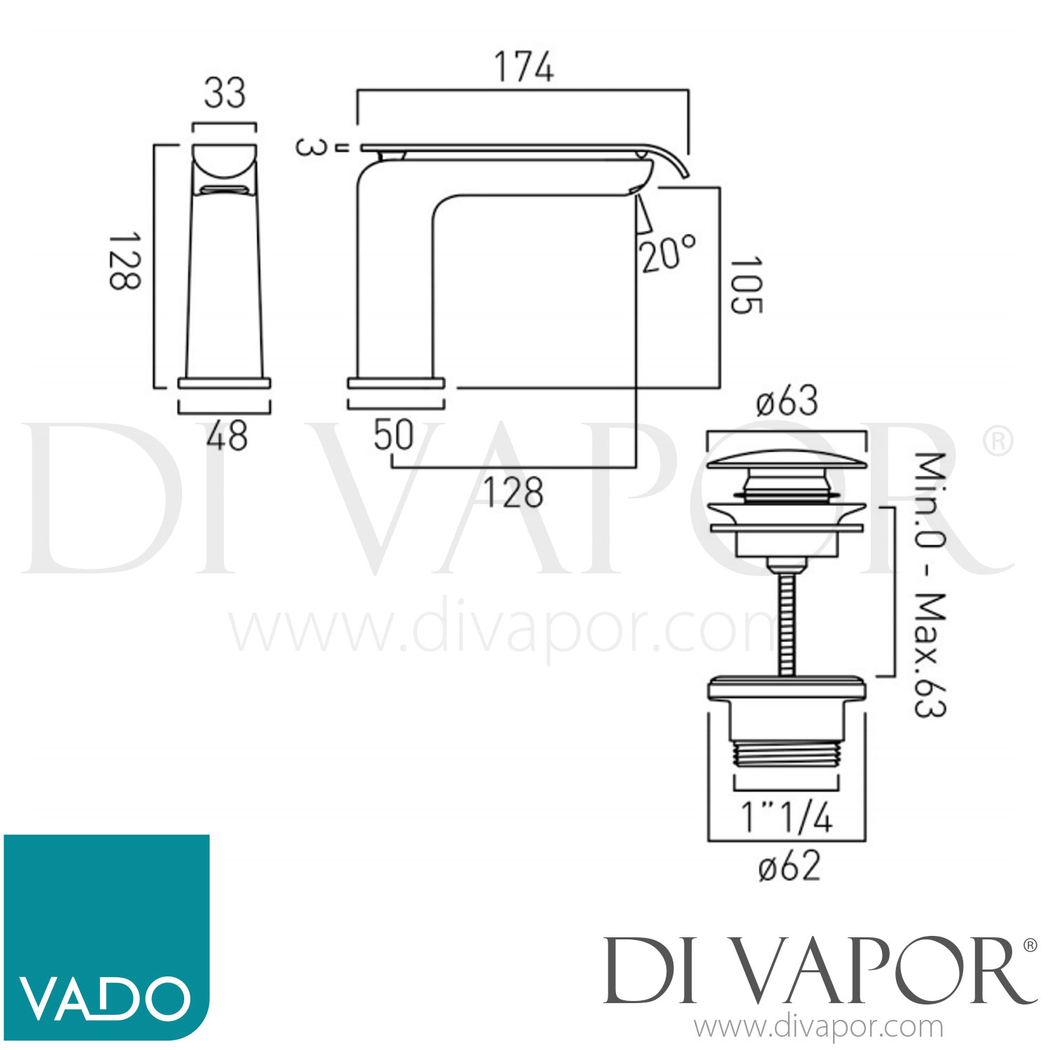 VADO KOV-100/CC-C/P Kovera Mono Basin Mixer with Universal Waste Spare ...
