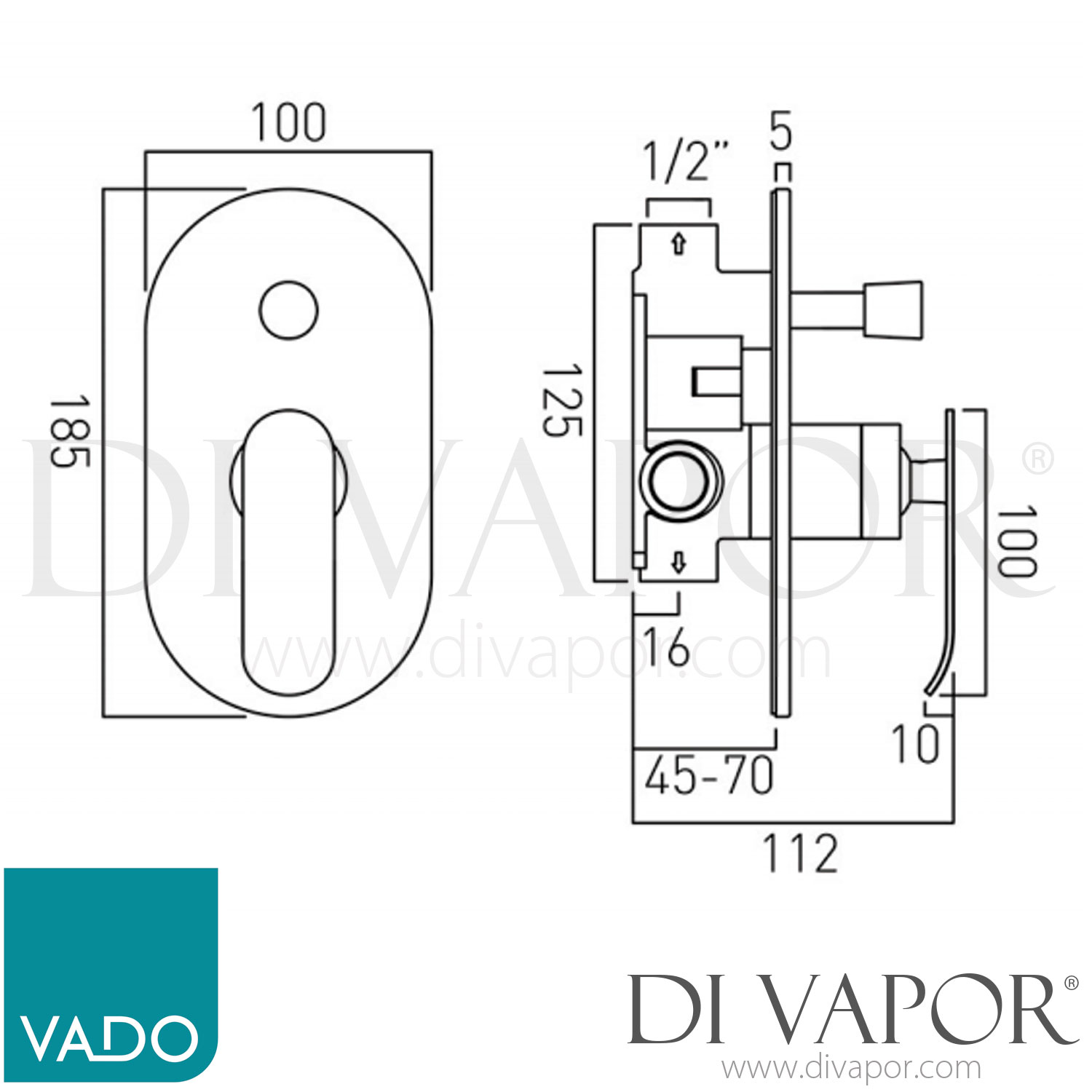 VADO KOV-147A-C/P Kovera 2 Outlet Single Lever Concealed Manual Valve ...