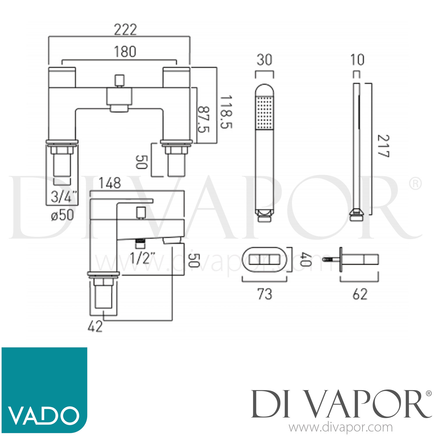 VADO LIF-130+K-C/P Life 2 Hole Bath Shower Mixer Deck Mounted with ...