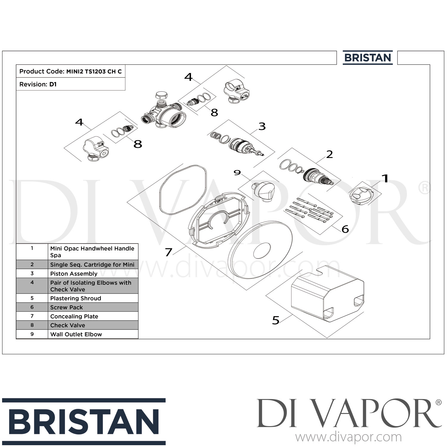 Bristan MINI2 TS1203 CH C Opac Concealed Mini Valve with Handwheel ...