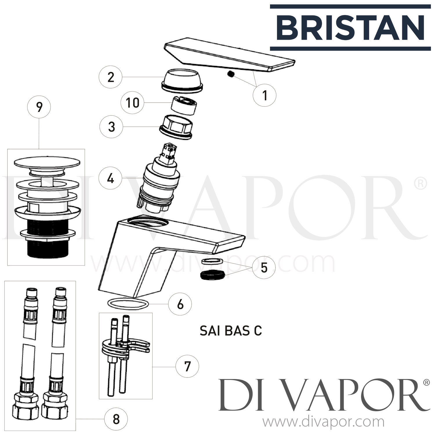 Bristan MSAI BAS GG Sail Basin Mixer with Clicker Waste Bathroom Tap ...