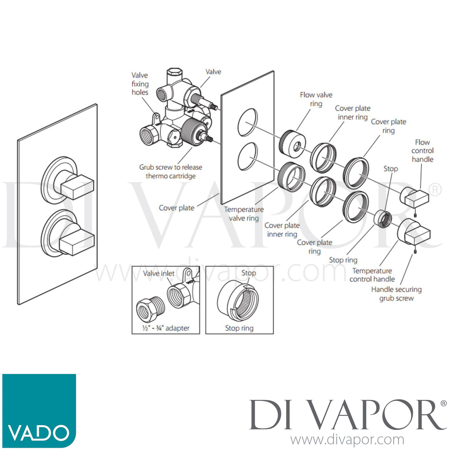 Vado NOT-148B/2 Notion Concealed 2 Way Thermostatic Shower Valve with ...