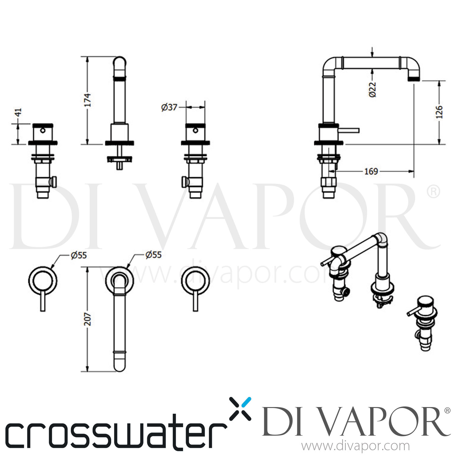 Crosswater PRI135DNM MPRO Industrial 3 Hole Set Basin Mixer Carbon ...
