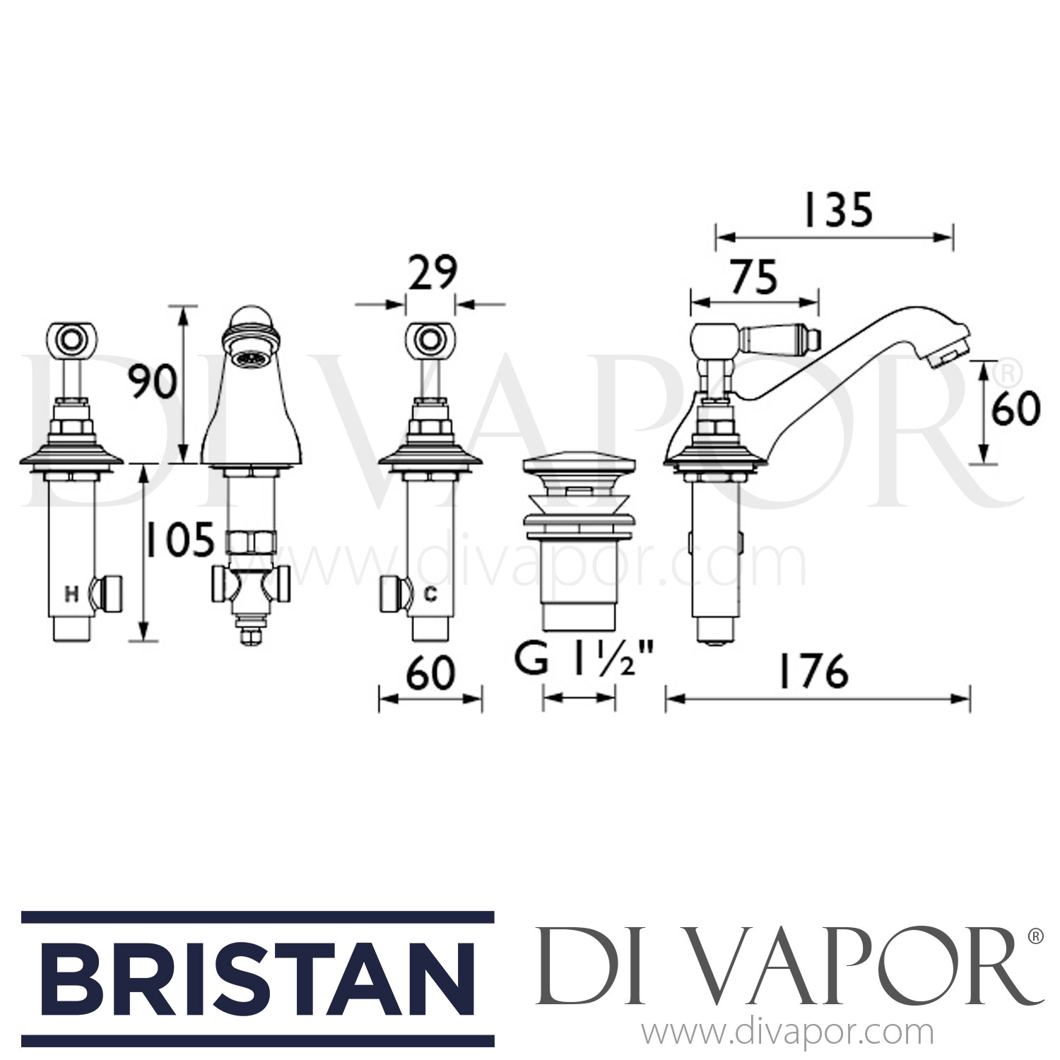 Bristan RS2 3HBAS C Renaissance 3 Hole Basin Mixer with Pop-Up Waste ...