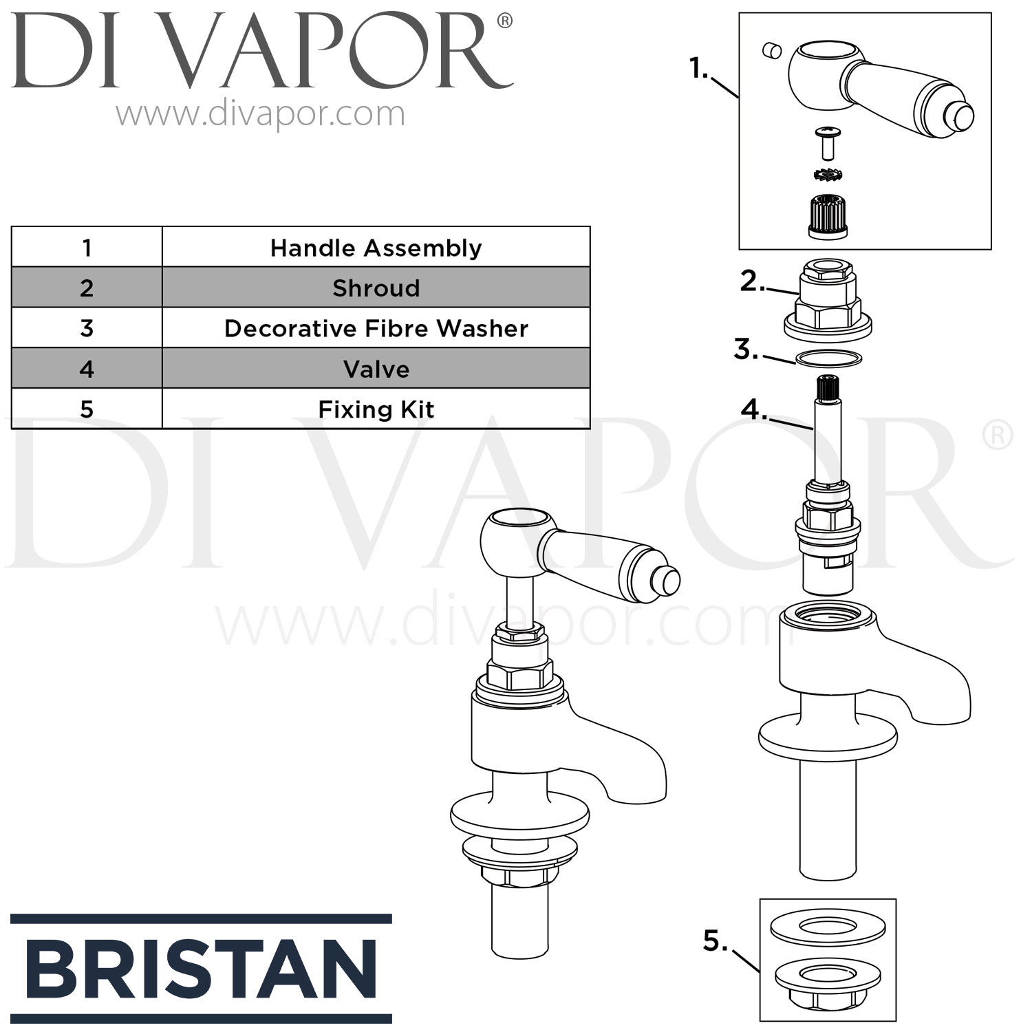 Bristan RS2 VAN C Renaissance Vanity Basin Taps Spare Parts