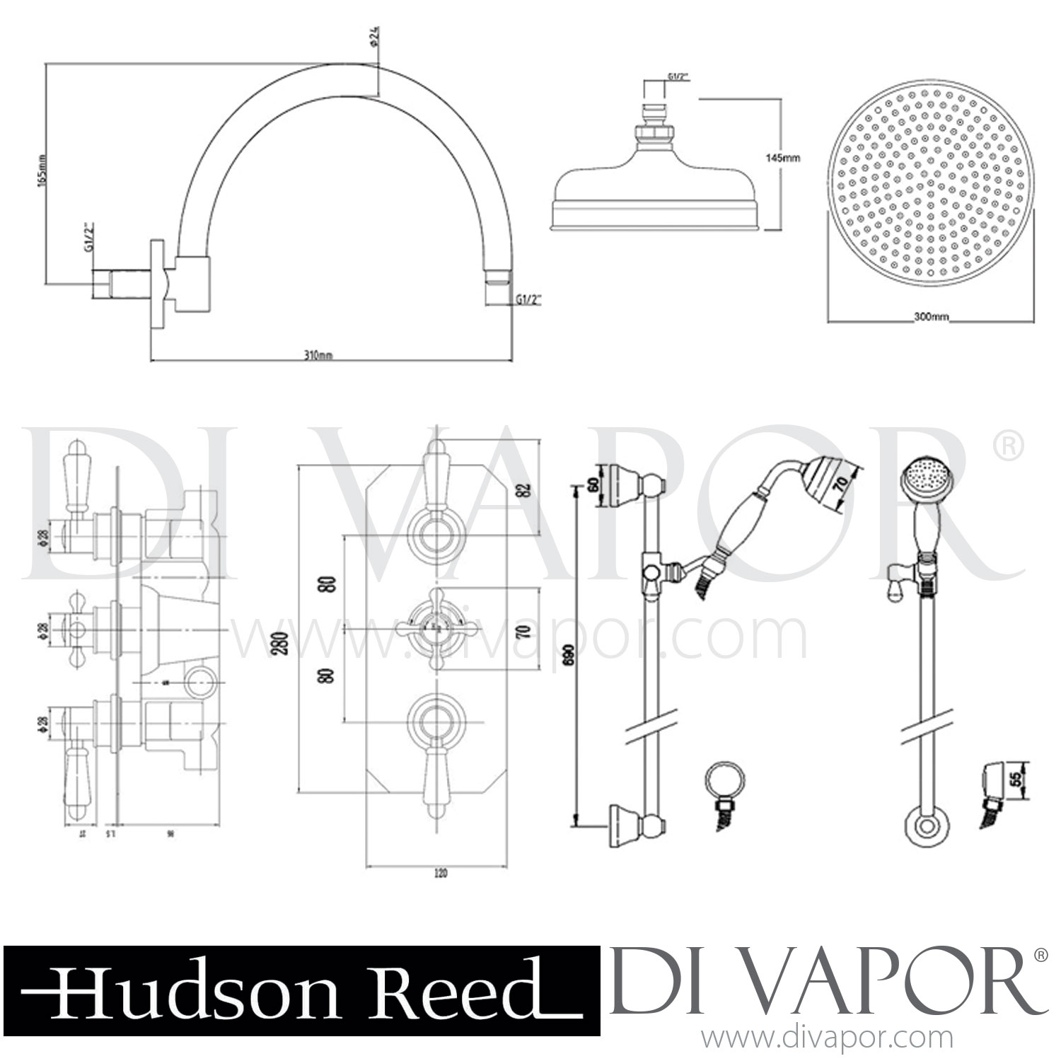 Hudson Reed Topaz Black Triple Concealed Shower With Slide Rail Kit ...