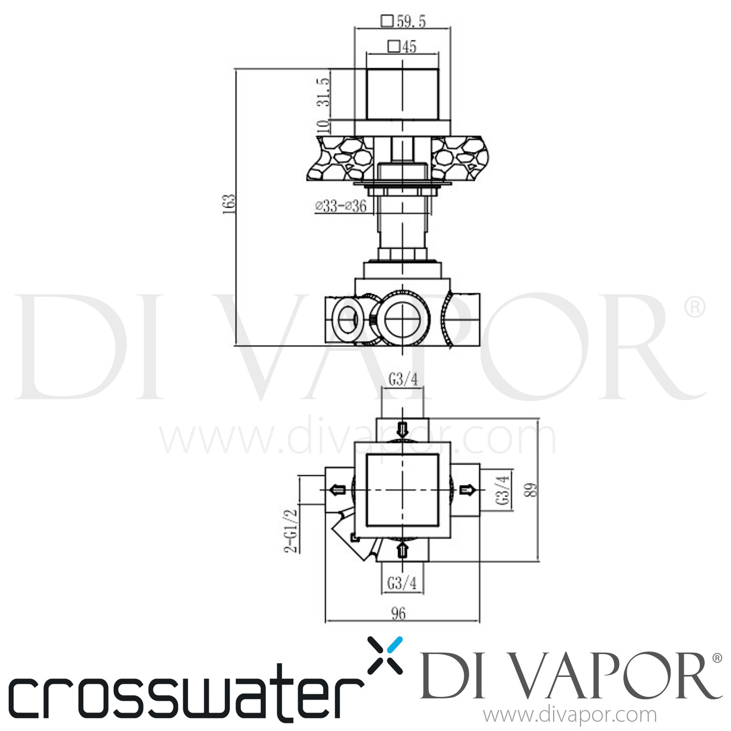 Crosswater WS0008DC Water Square Deck Mounted 4 Way Diverter Valve ...