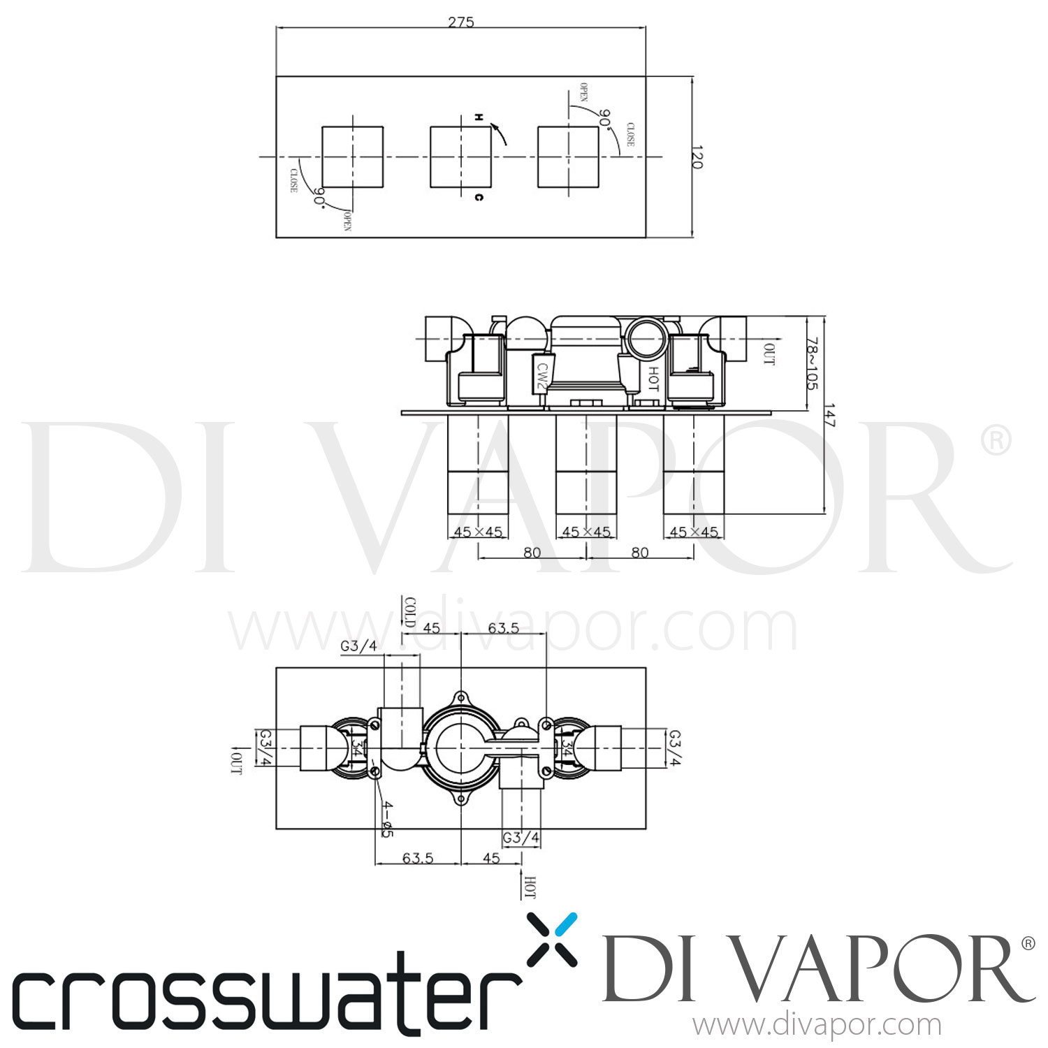 Crosswater Water Square Triple Concealed Thermostatic Shower Valve ...